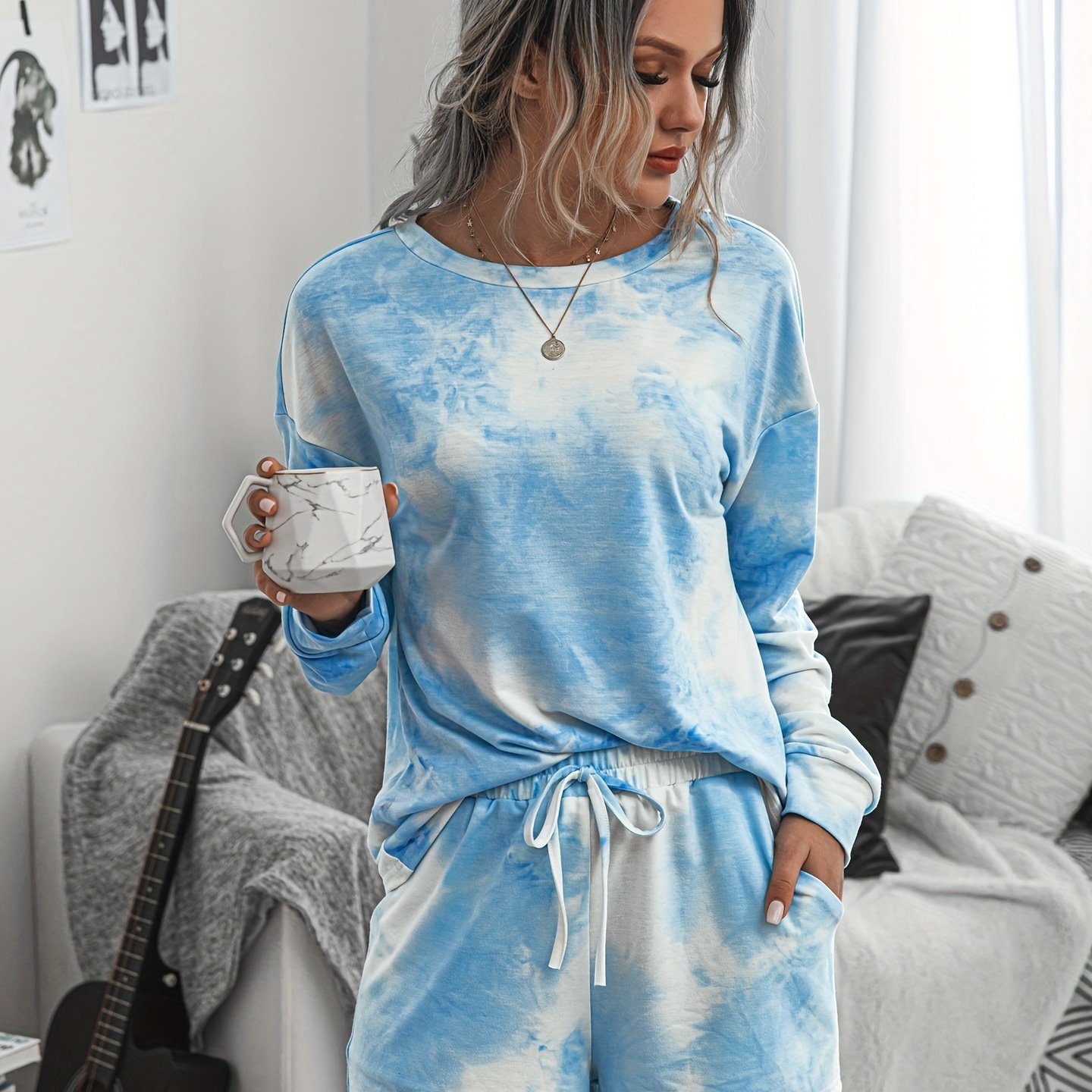 Tie Dye Lounge Set Long Sleeve Crew Neck Top Elastic Waistband Shorts ...