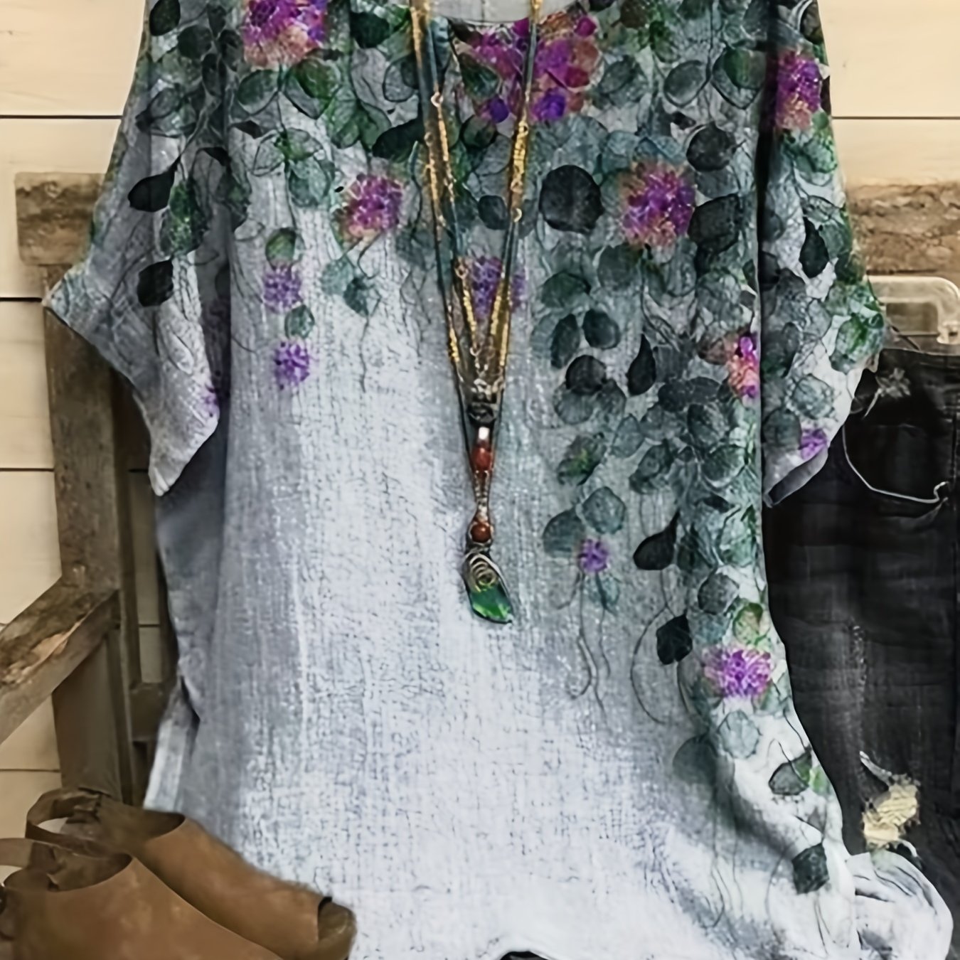 Plus Size Casual Blouse Womens Plus Floral Print Short Sleeve Round Neck Slight Stretch Top