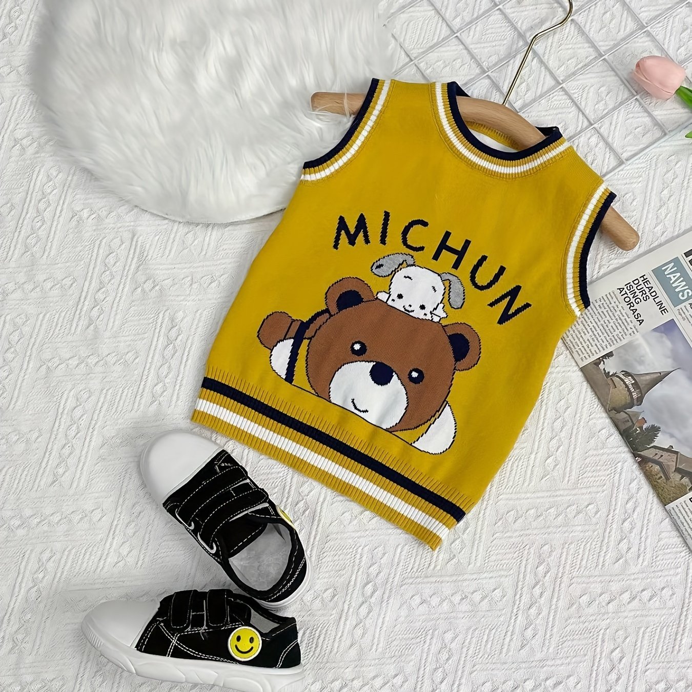 Boys Lovely Bear Dog Graphic Crew Neck Vest Warm Comfortable - Temu New Zealand