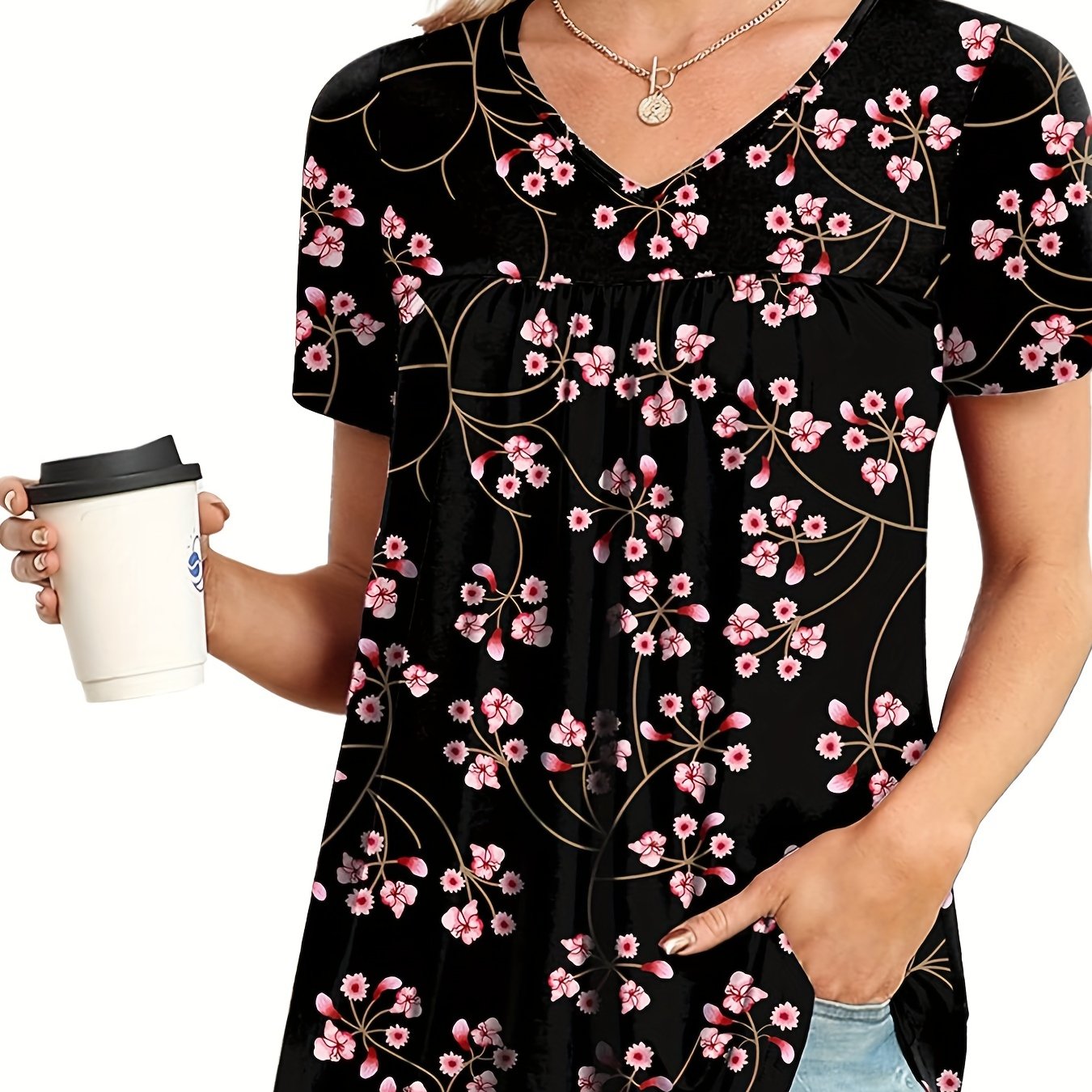 Floral Print V Neck T Shirt Casual Short Sleeve T Shirt For Spring