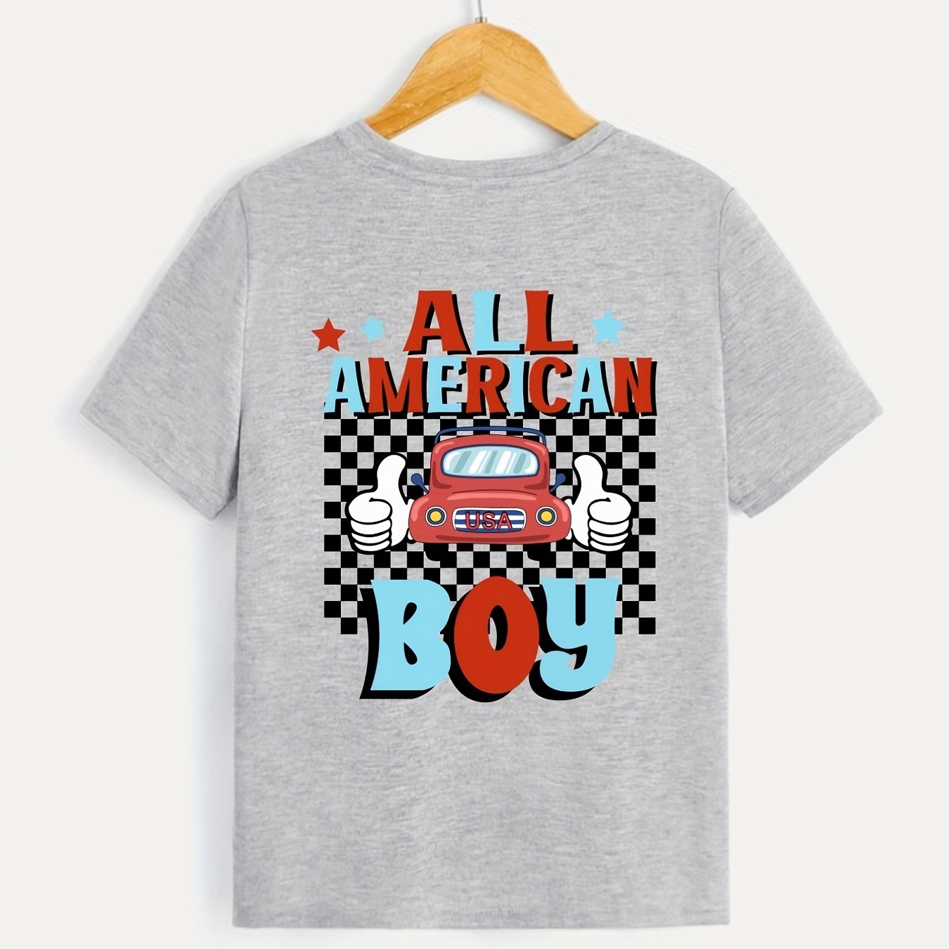All American Boy Letter Print Boys Creative T Shirt Casual Lightweight Comfy Short Sleeve Crew ...