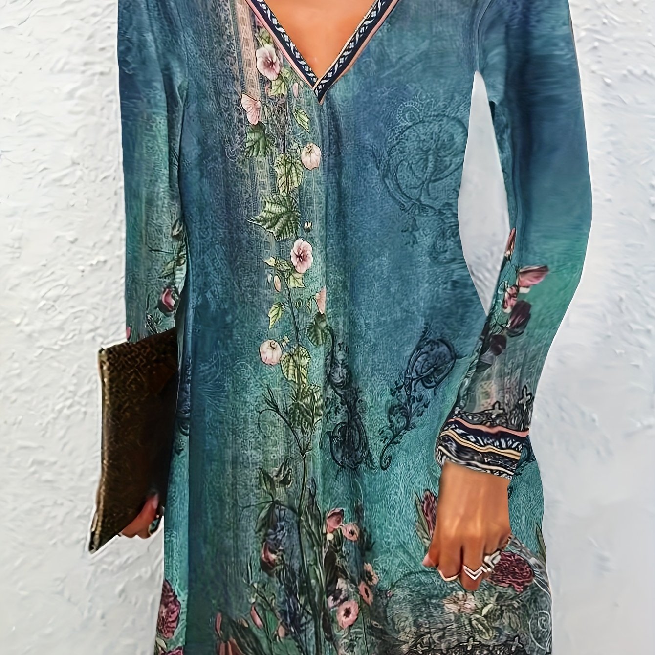 Floral Print V Neck Dress Vintage Long Sleeve Midi Dress Women's Clothing | Shop Now For Limited ...