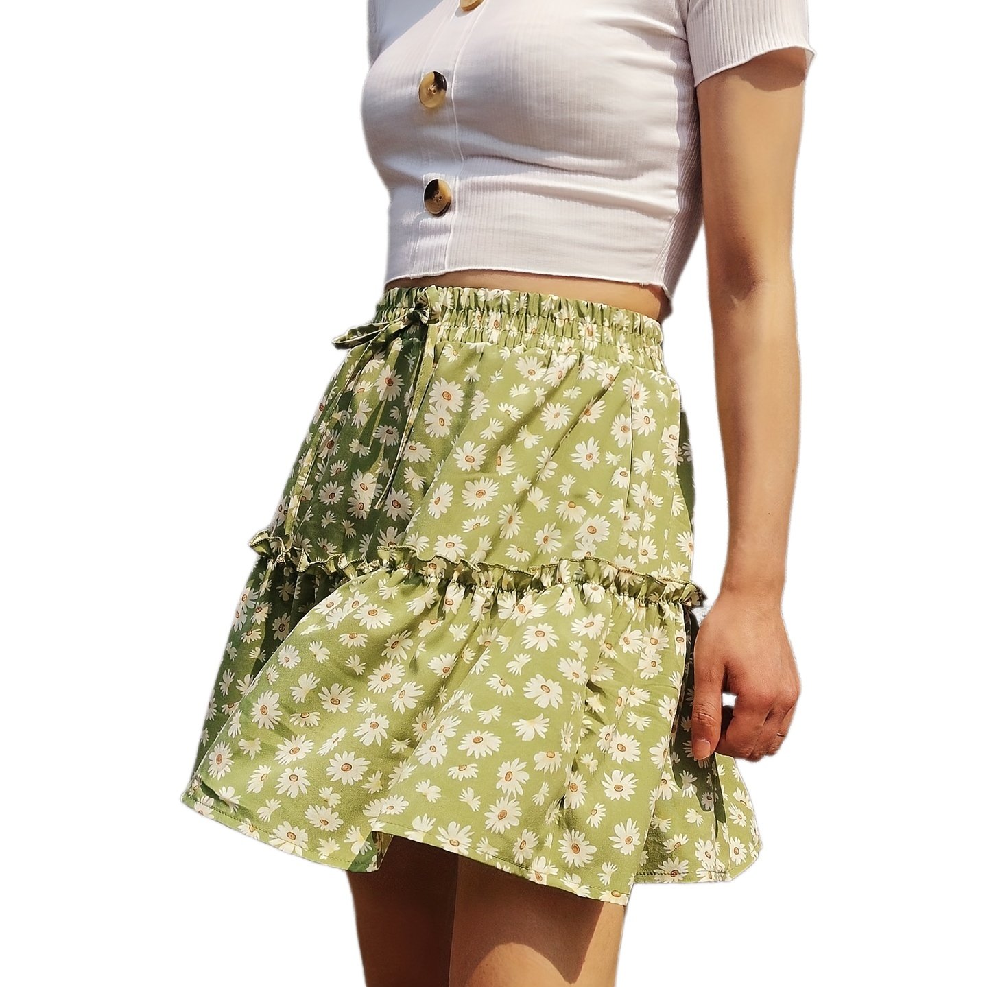 Floral Print Ruffle Trim Skirt Cute Drawstring Skirt For Spring Summer ...