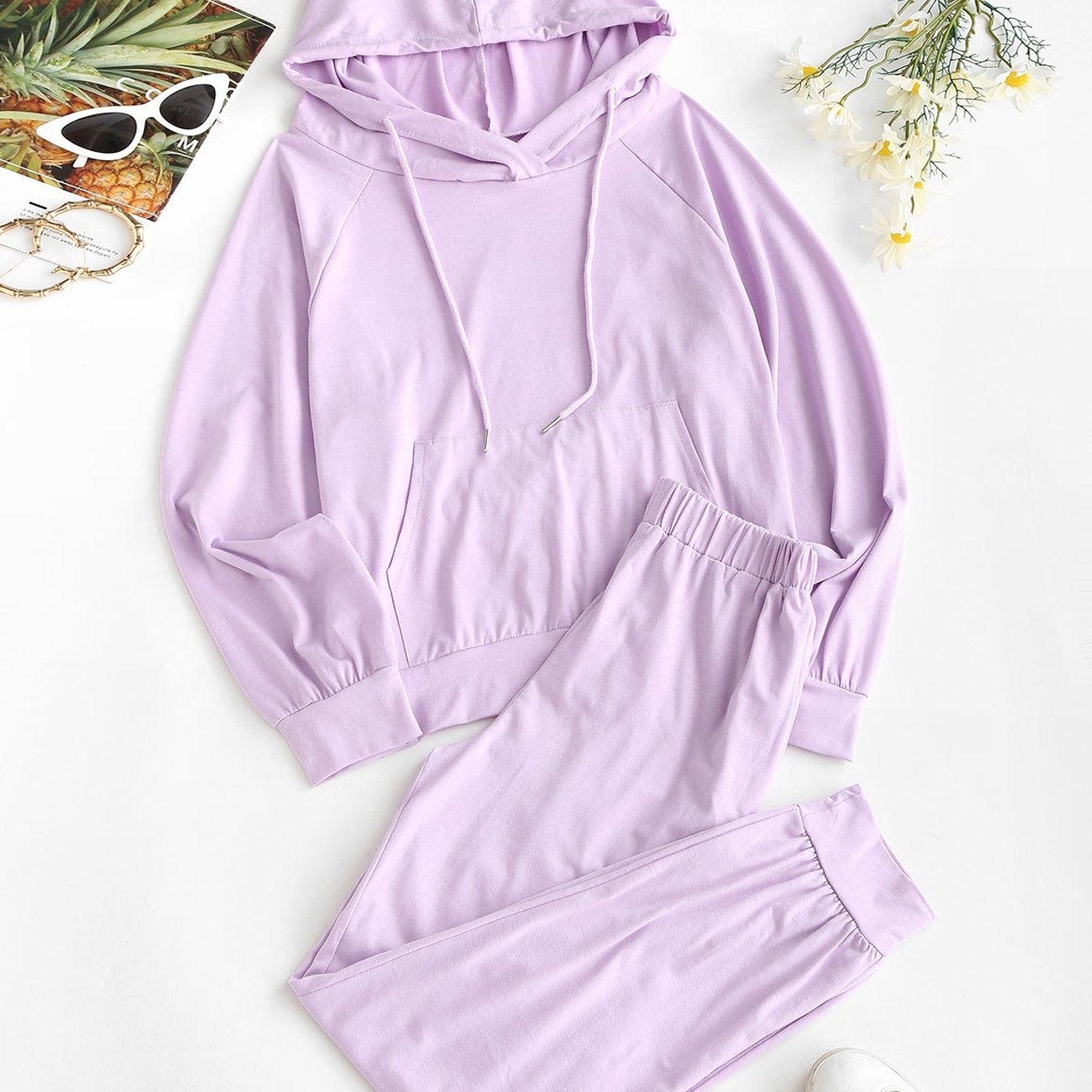 Solid Lounge Set Long Sleeve Hooded Top Elastic Waistband Pants Women's ...