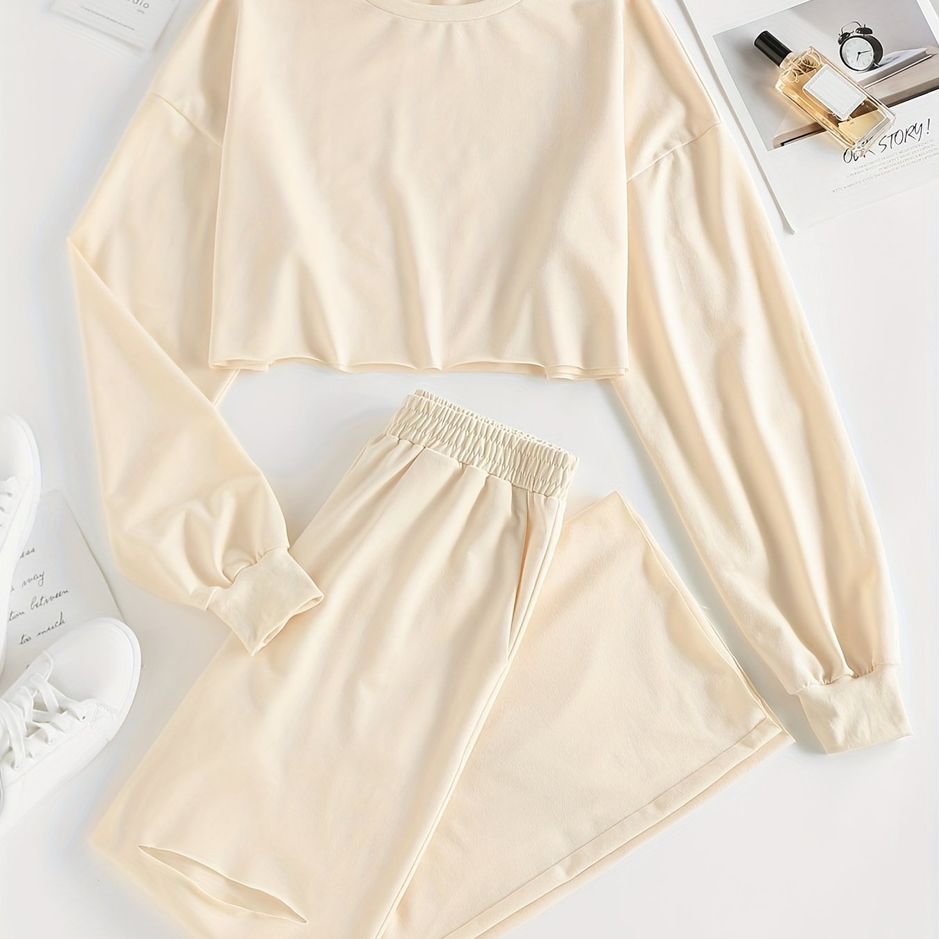 Solid Lounge Set Long Sleeve Crew Neck Top Elastic Waistband Pants ...