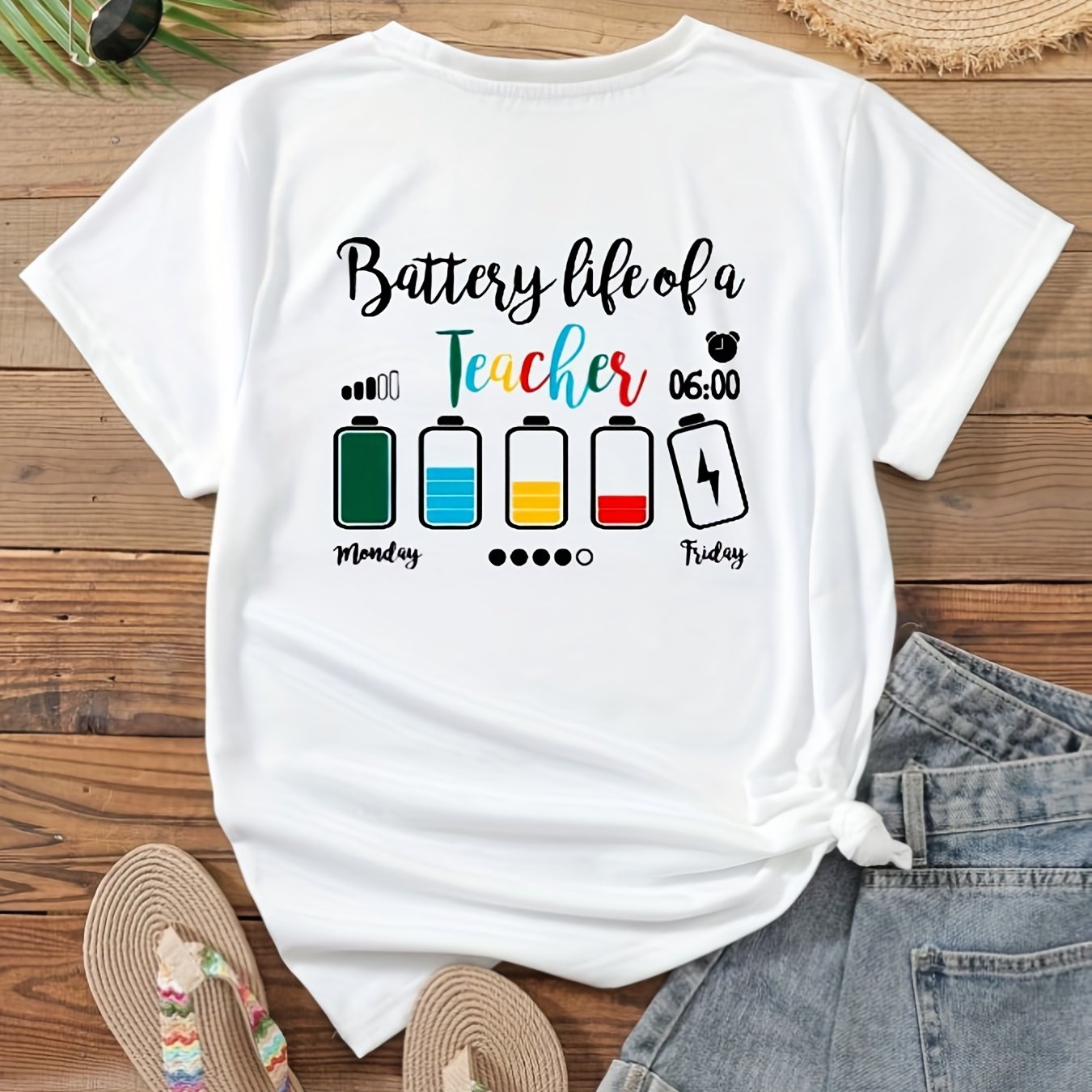 Funny Battery Print T Shirt Casual Crew Neck Short Sleeve Summer T ...