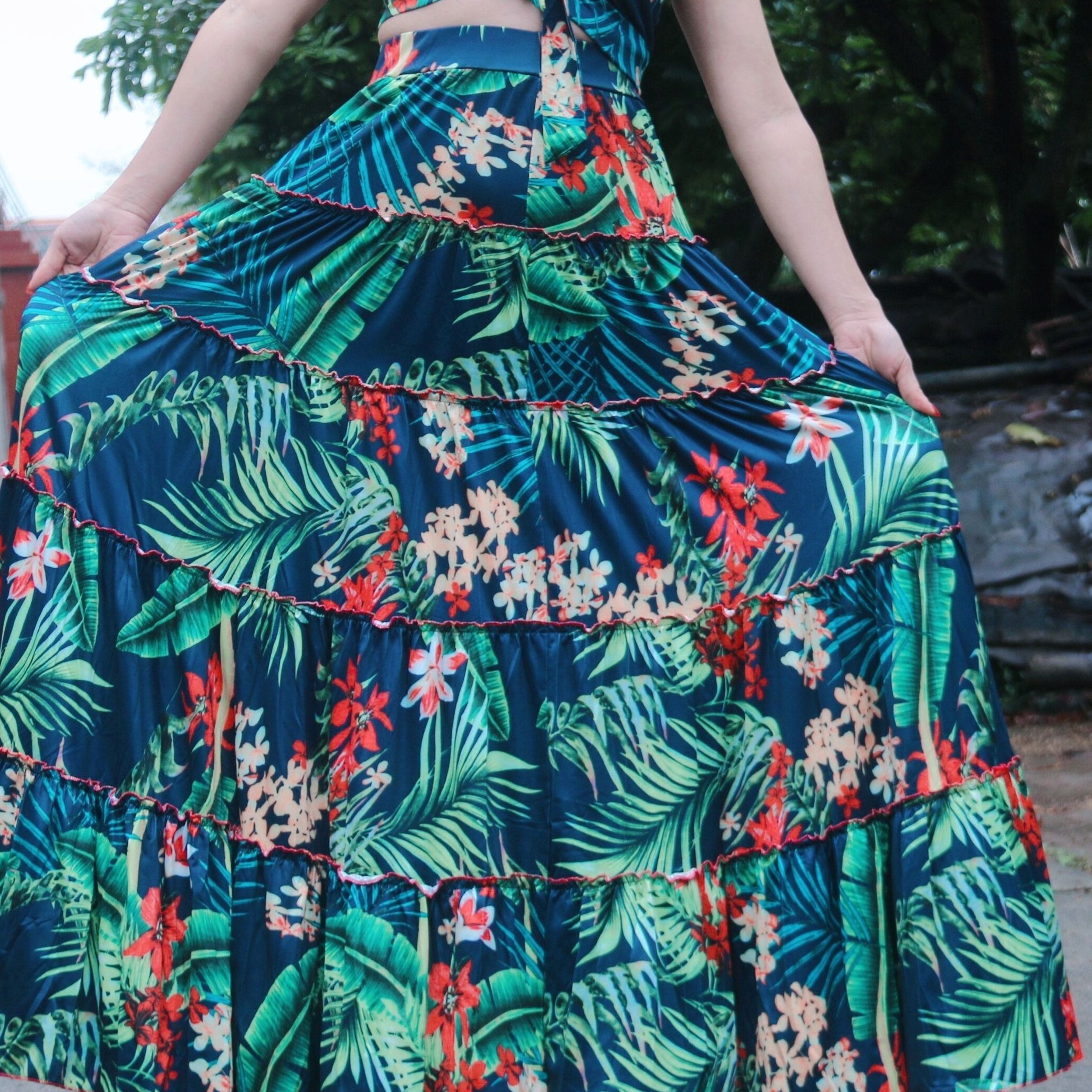 2 Pieces Tropical Print Cover Up Sets Lettuce Trim Tie Front Beach