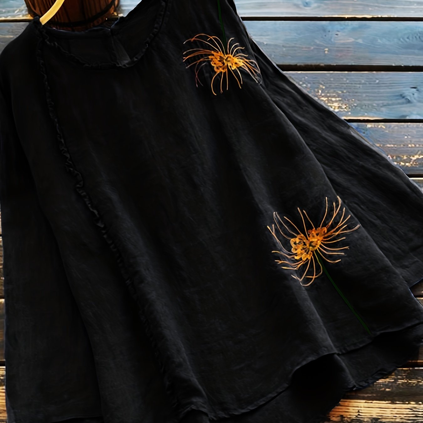 Flower Pattern Crew Neck Blouse Casual Lettuce Trim Blouse For Spring ...