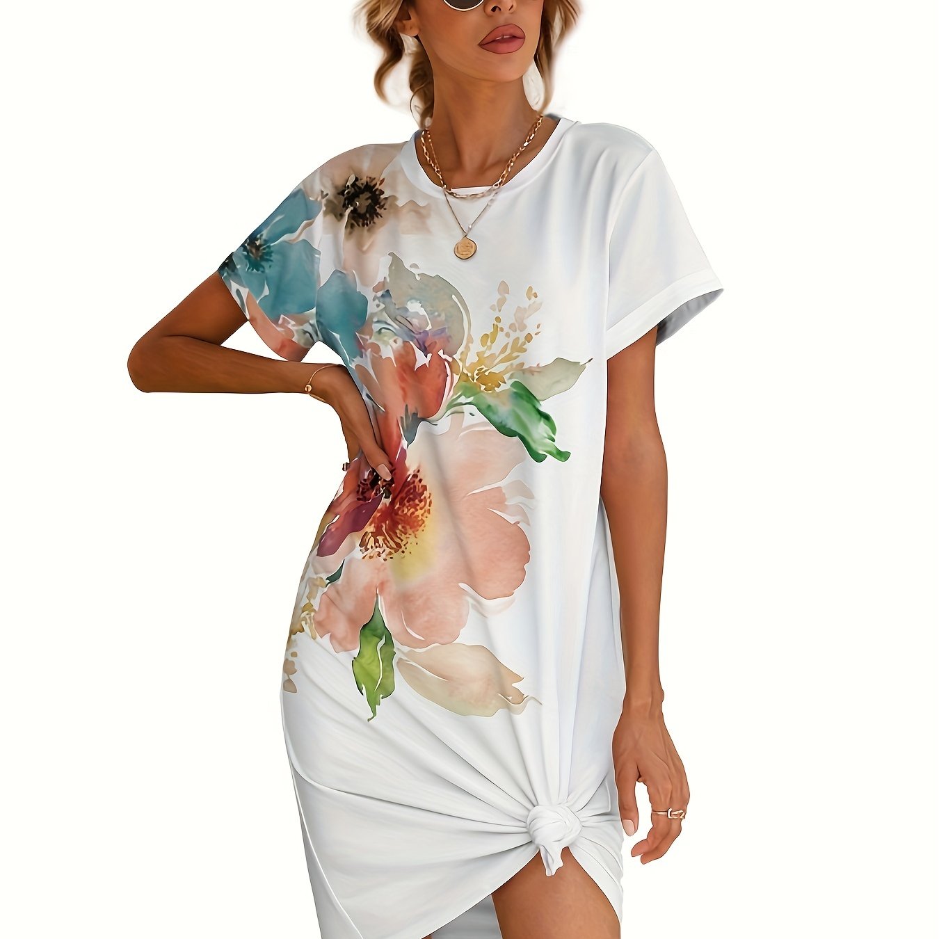 Floral Print Crew Neck Dress Casual Short Sleeve Dress For Spring ...