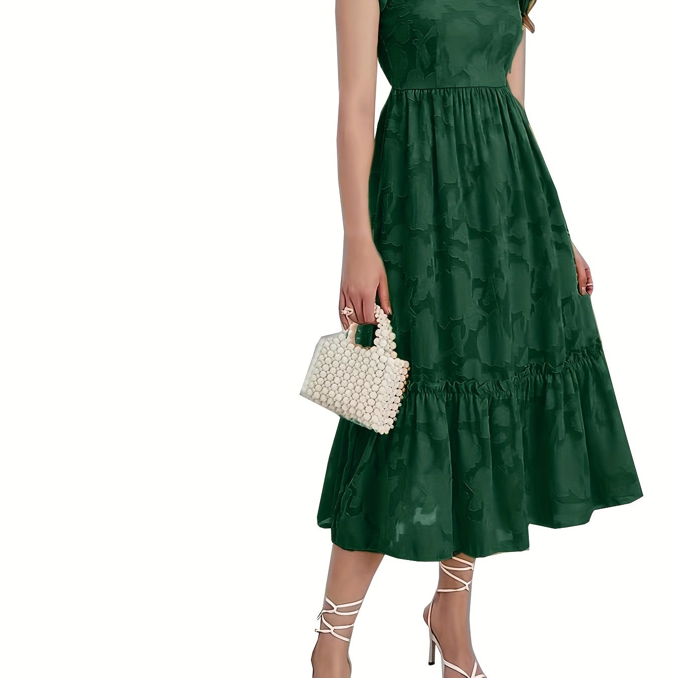Lettuce Trim Jacquard Dress Elegant Sleeveless Pleated Slim Waist Dress Womens Clothing Shop