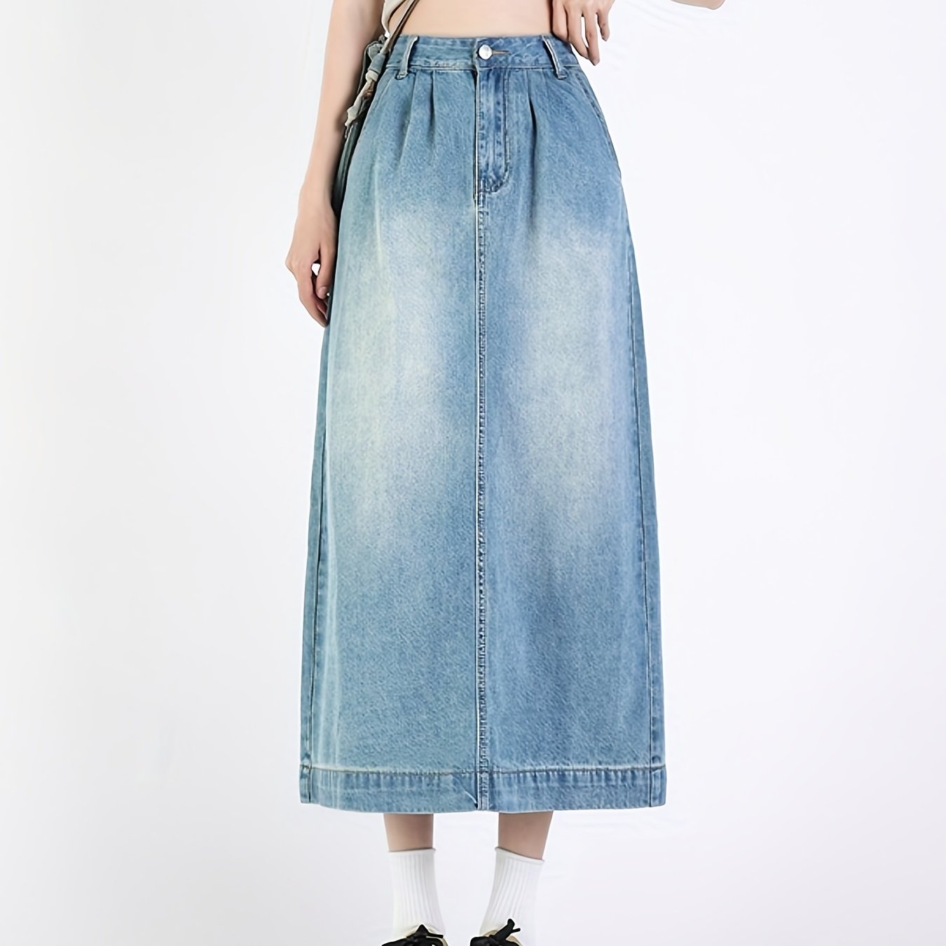 Blue Split Denim Midi Skirt Slash Pockets Non Stretch High Waist Denim ...