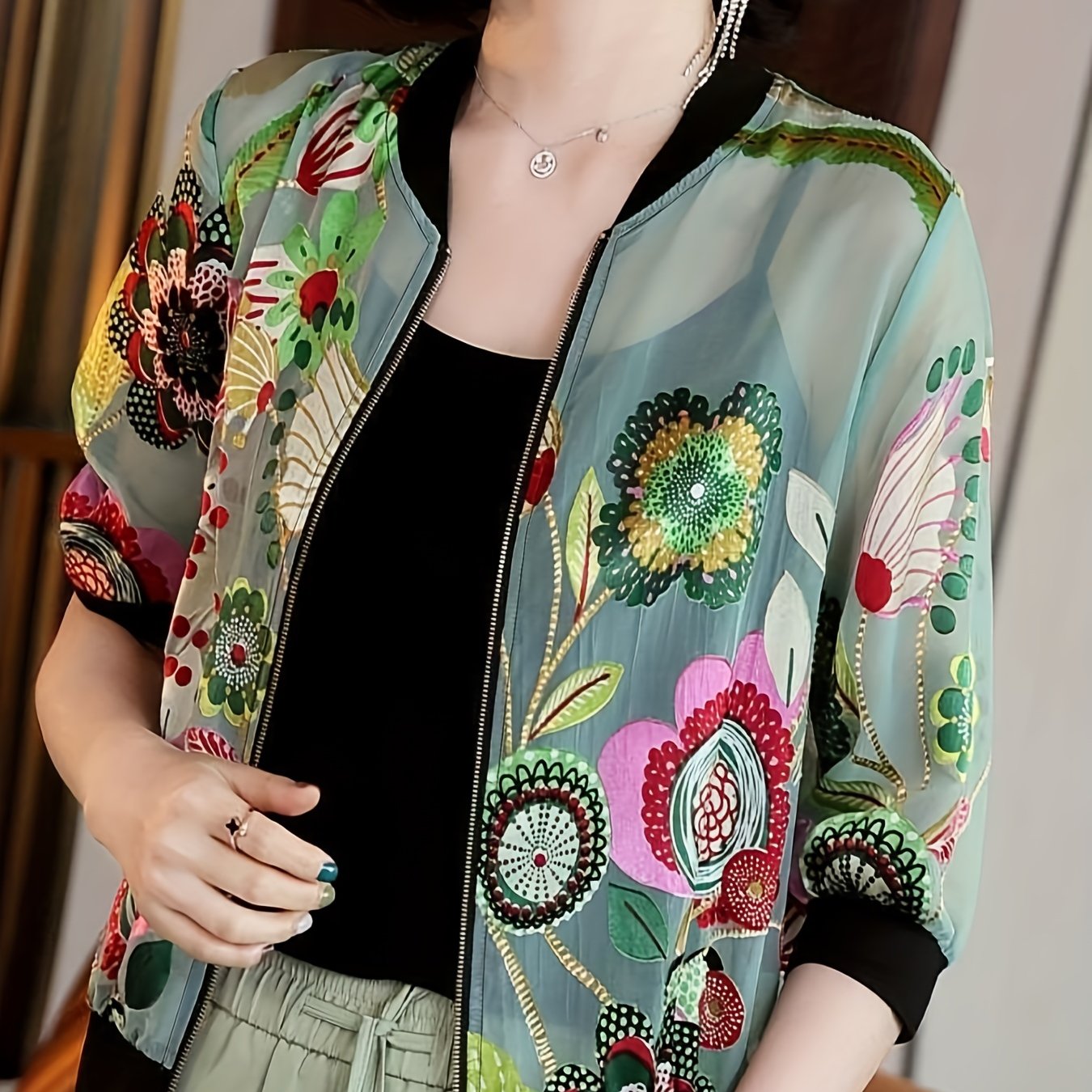 Floral Print Zip Up Lightweight Jacket Casual Long Sleeve Baseball ...