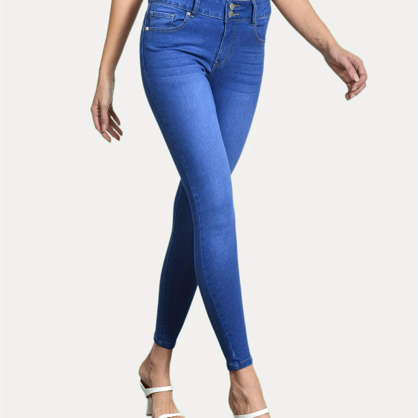 Blue High Waist Skinny Jeans Slim Fit Slash Pockets High Stretch Ankle ...