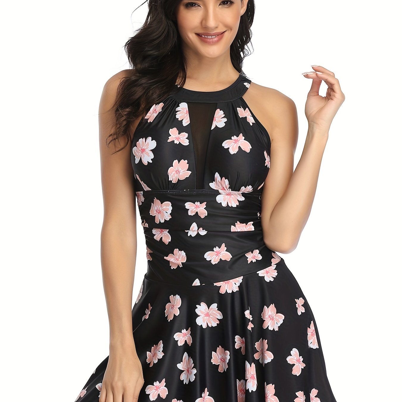 Mesh Contrast Tie Back Neck Skirted Swimsuit Cut - Temu United