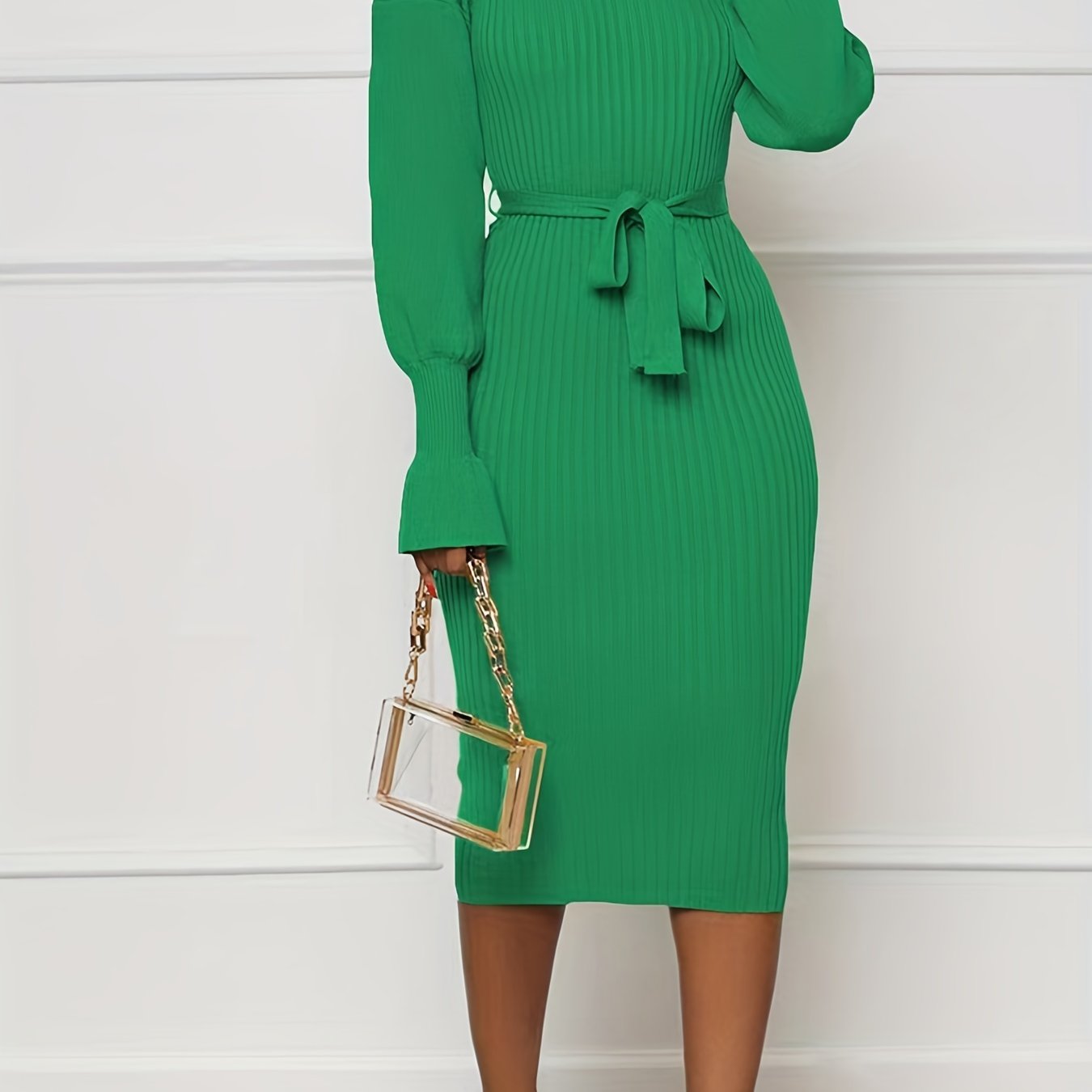 Solid Turtleneck Dress Elegant Long Sleeve Bodycon Midi Dress Women's ...