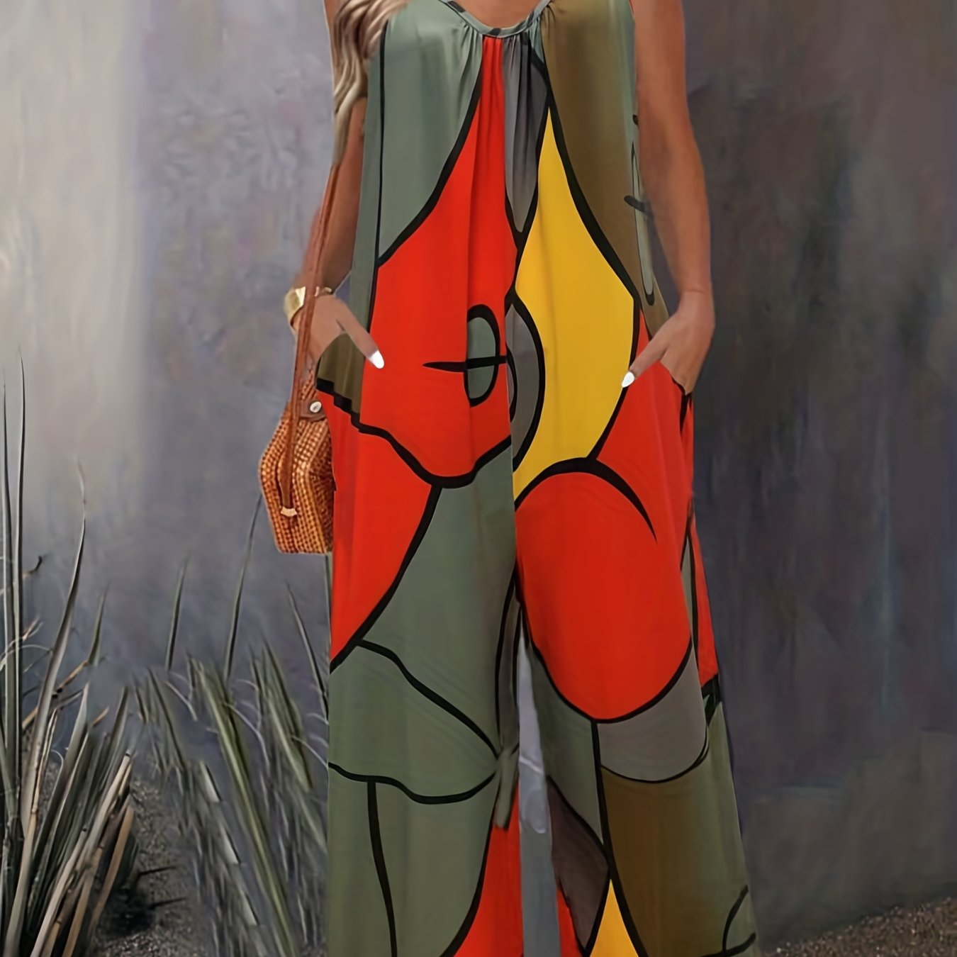 Abstract Print Sleeveless Jumpsuit, Casual Spaghetti Strap Wide Leg ...