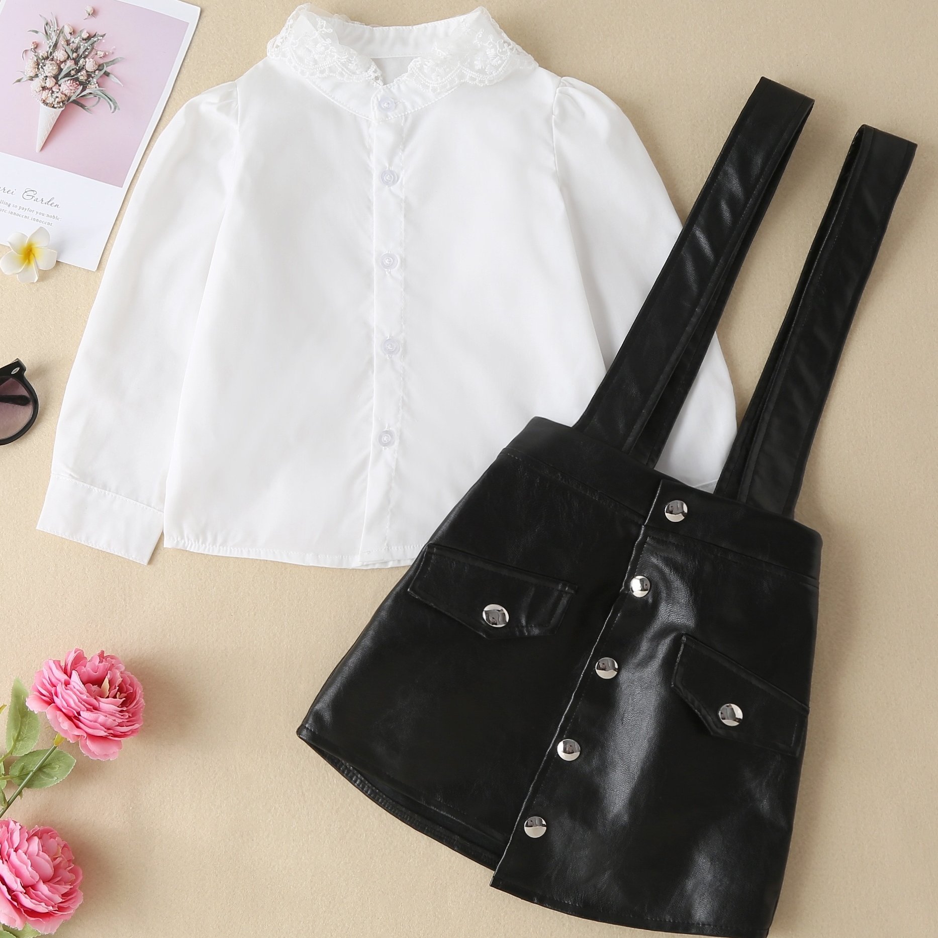 2pcs Toddler Girls Long Sleeve Lace Trim Neck Button Blouse Tops Pu ...