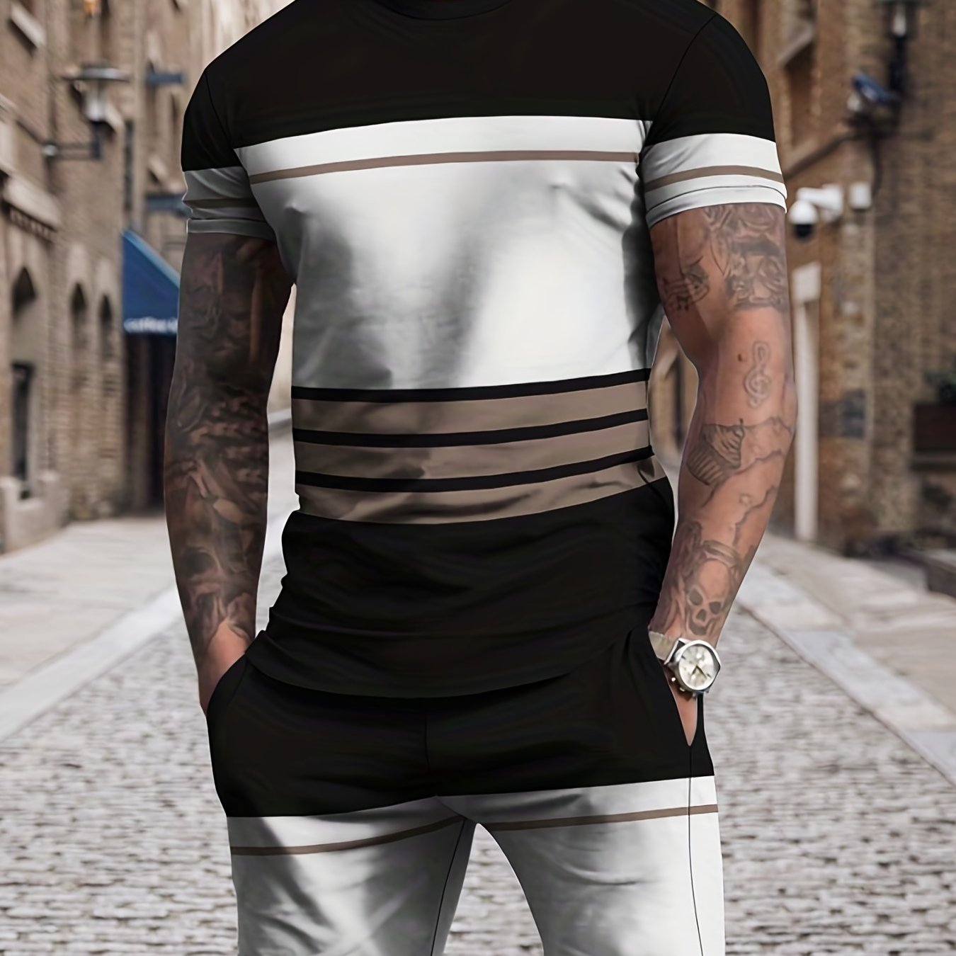 Plus Size Men's Striped T shirt Shorts Set Sports/running - Temu Australia