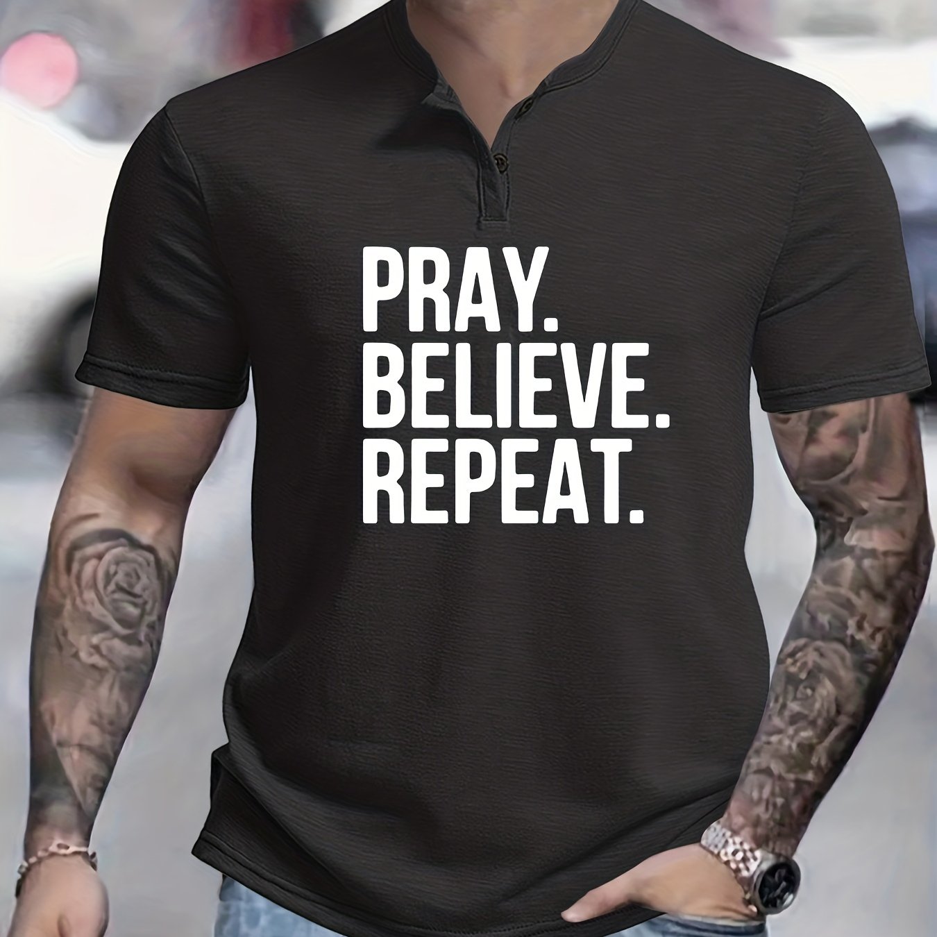 Pray Believe Repeat Pattern Print Men's Basic Henley Tee Casual Short ...