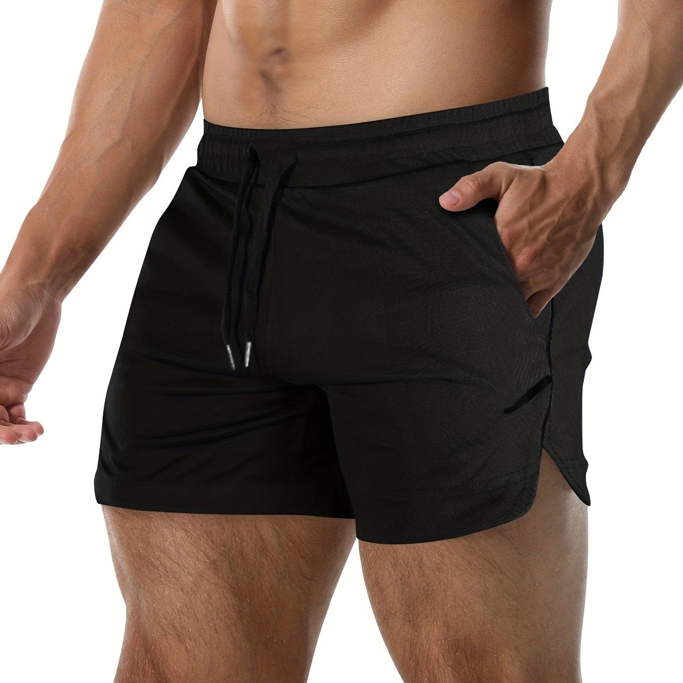 Solid Zipper Pocket Zip Up Slight Stretch Shorts, Men's Workout Running ...