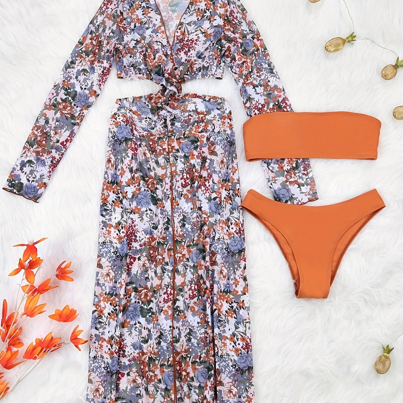 Solid Color Bandeau Bikini Set With Long Sleeve Maxi Cover Up, Floral ...