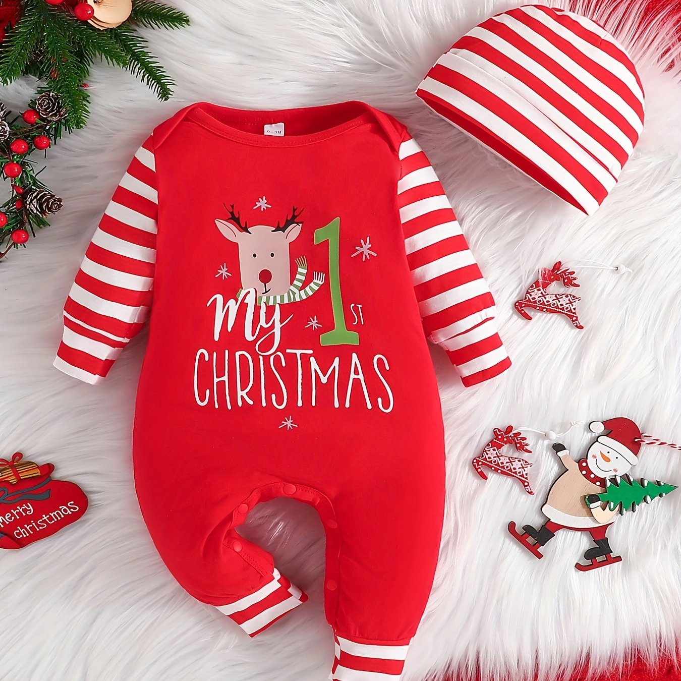Baby Girls First Christmas Fawn Print Striped Sleeve Long - Temu Canada