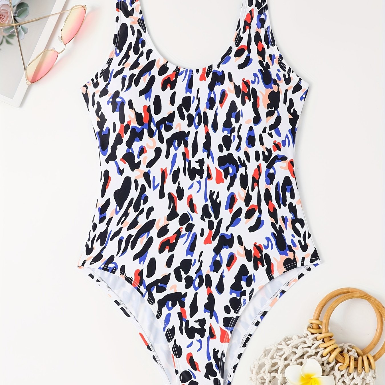 Allover Camo Print Backless One Piece Swimsuit Scoop Neck High Cut ...