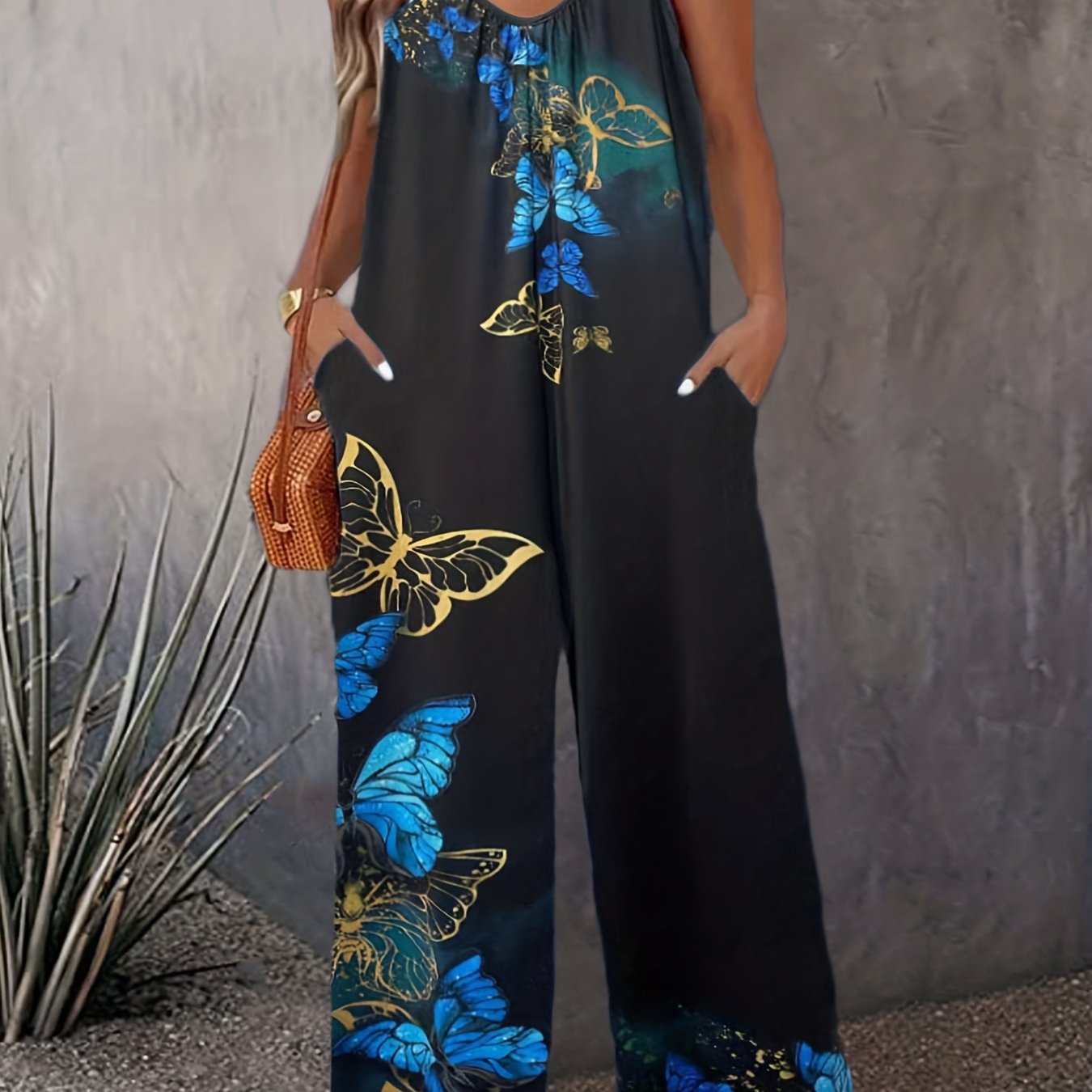 Plus Size Casual Jumpsuit Women's Plus Butterfly Print V - Temu Denmark