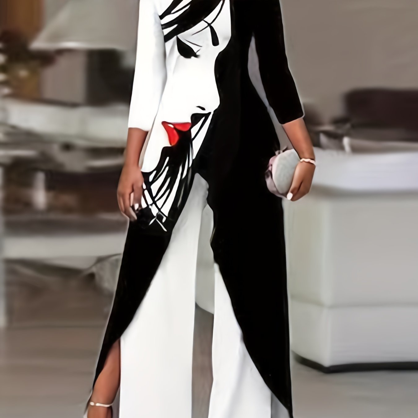 Figure Face Print Halter Neck Jumpsuit, Elegant 3/4 Sleeve Wide Leg ...
