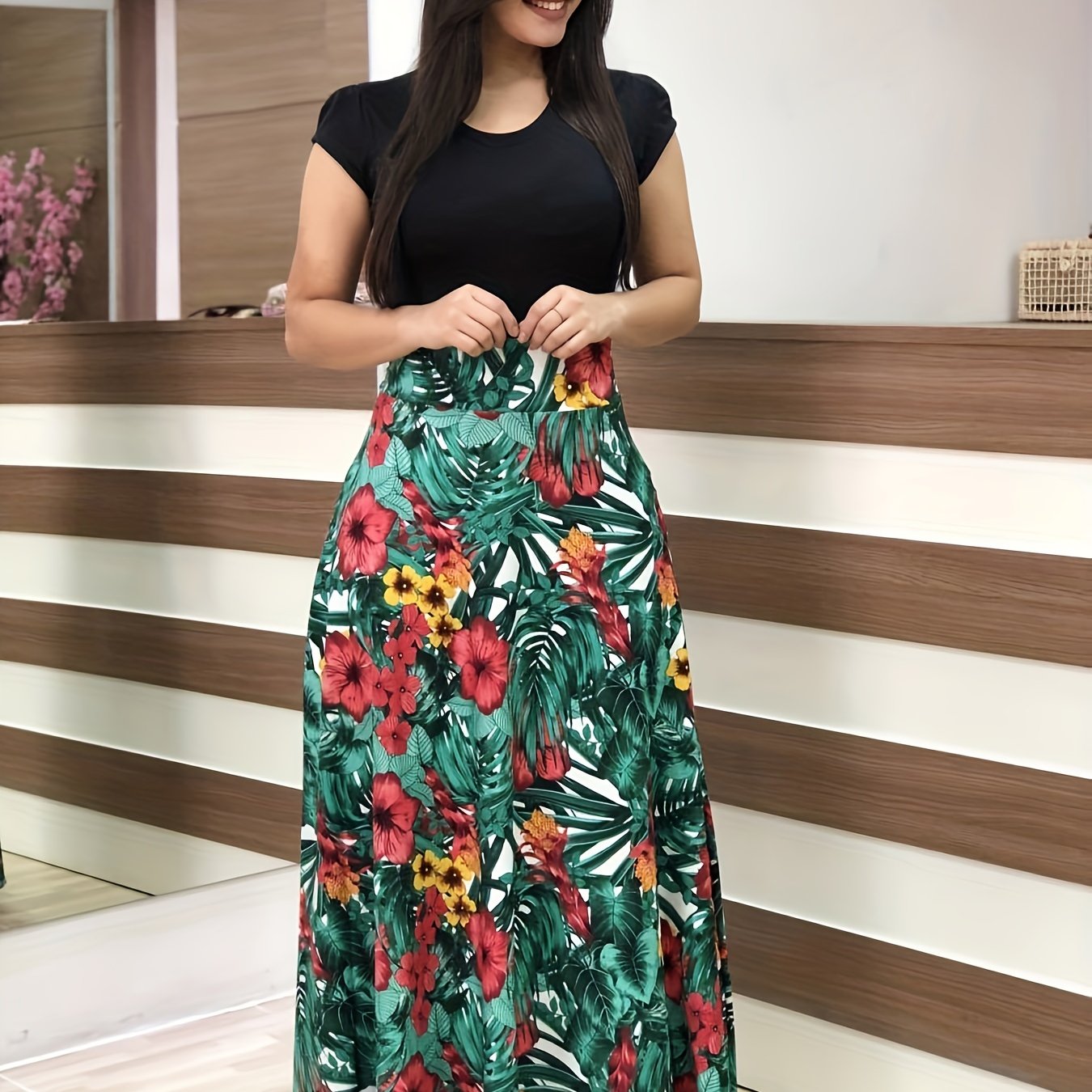 Floral Print Splicing Dress Elegant Crew Neck Short Sleeve - Temu