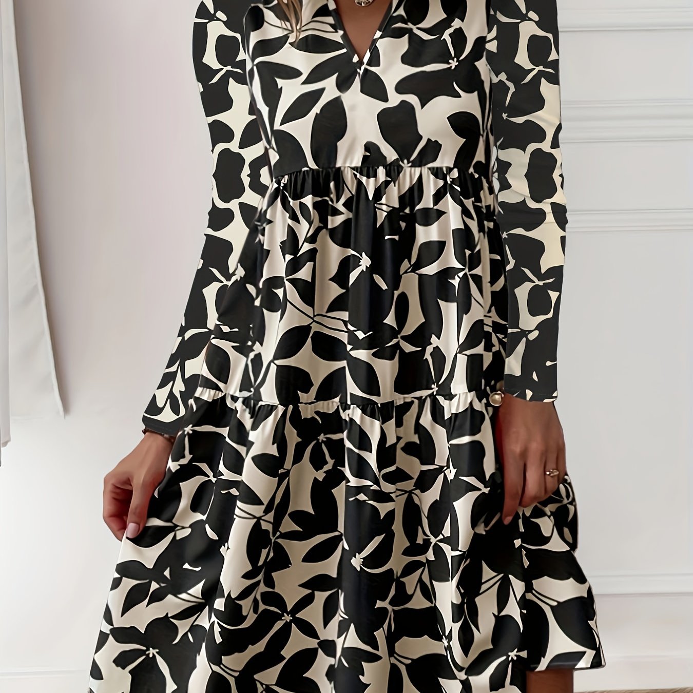 robe imprimée à plantes robe midi à manches longues v neck - Temu France