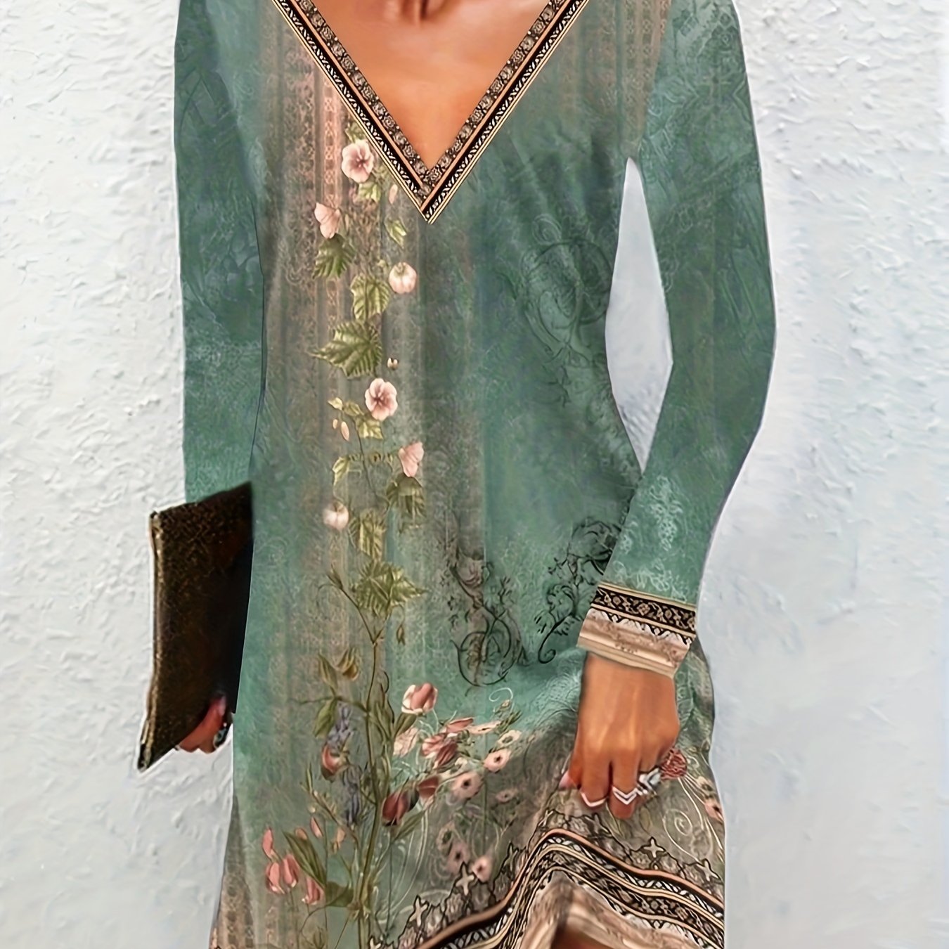 Floral Print Mini Dress Vintage V Neck Long Sleeve Dress - Temu Australia