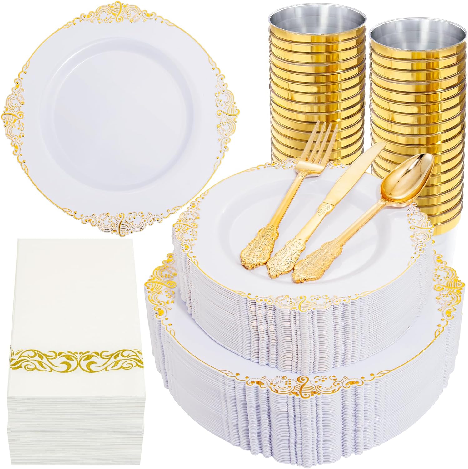 White Gold Plastic Plates Gold Plastic Dinnerware Sets 50 - Temu