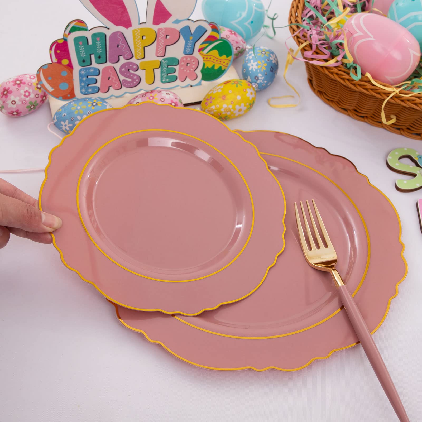 pink plastic plates gold rim gold disposable - Temu