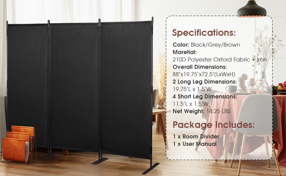 6 Ft Modern Room Divider, Folding Privacy Screen With 3 Panels And ...