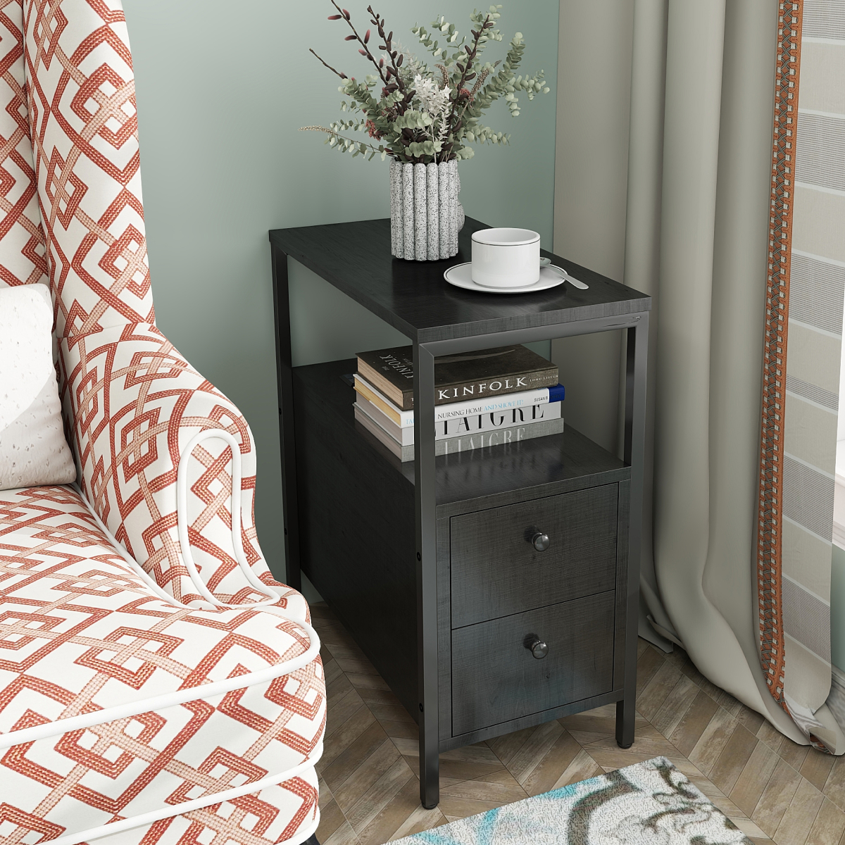 side table iron legs narrow nightstand 2 drawers - Temu