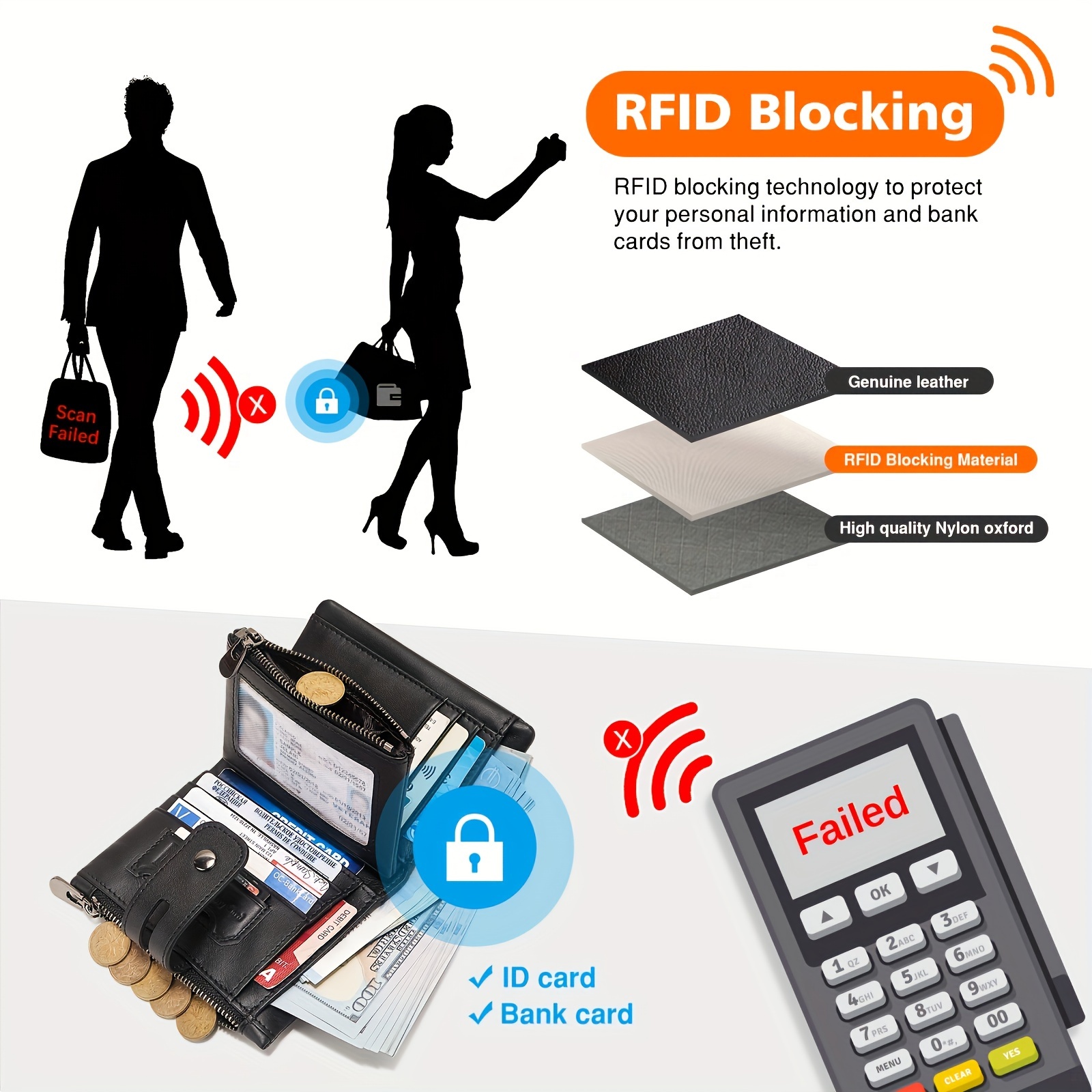 1 layer cowhide wallet with chain rfid blocking bifold double zipper ...