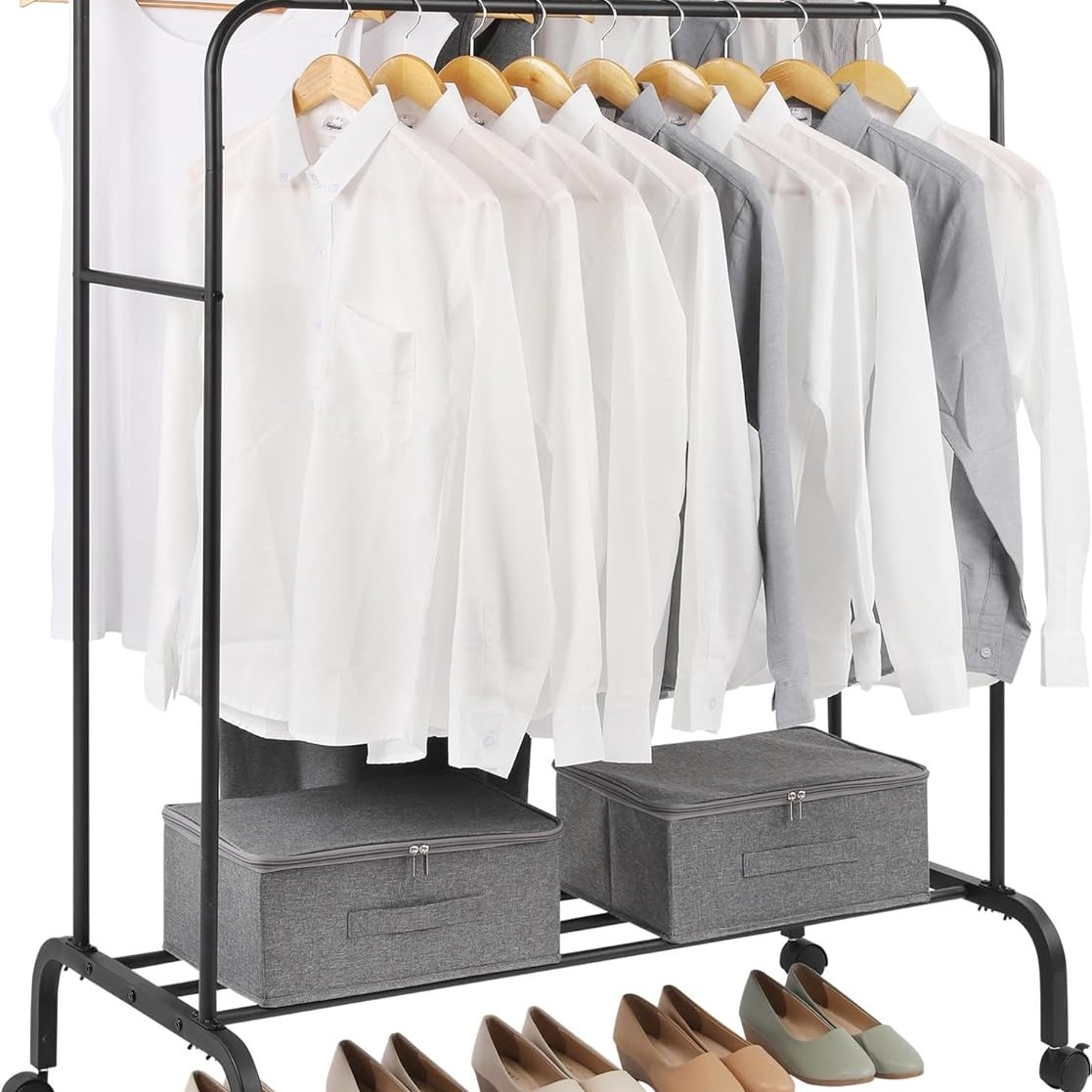 clothes rack with wheels, double-rod garment rack, clothing rack for ...