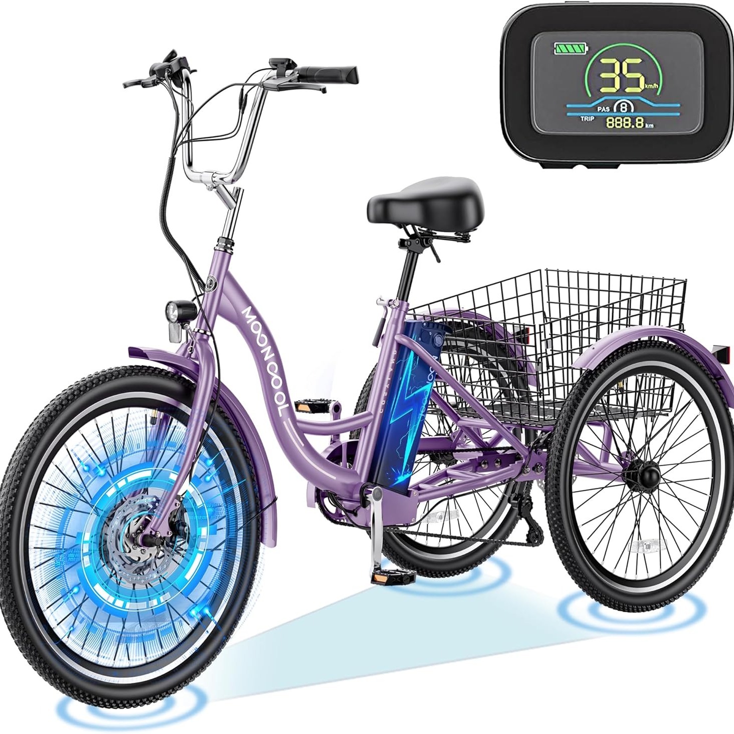 성인용 전기 세발자전거 7단 속도 24인치 3륜 전기 자전거36v 탈착식 배터리 포함 남성 여성 시니어 350w 성인용 전기 순양함 세발자전거 세발자전거 대형 바구니