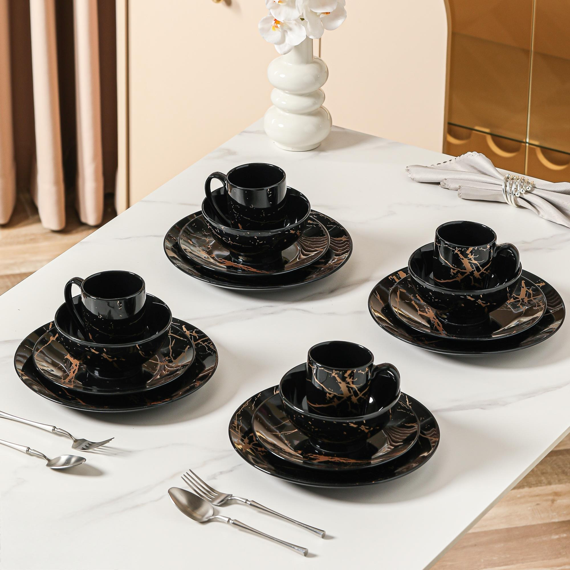 Glaze Black Porcelain Dinnerware Set - Temu