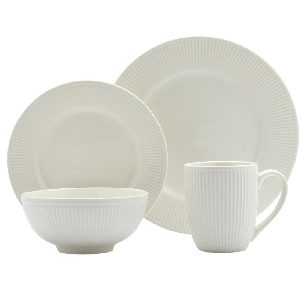 16 Piece Embossed Porcelain White Dinnerware Set Of Plates Bowls Dishes ...
