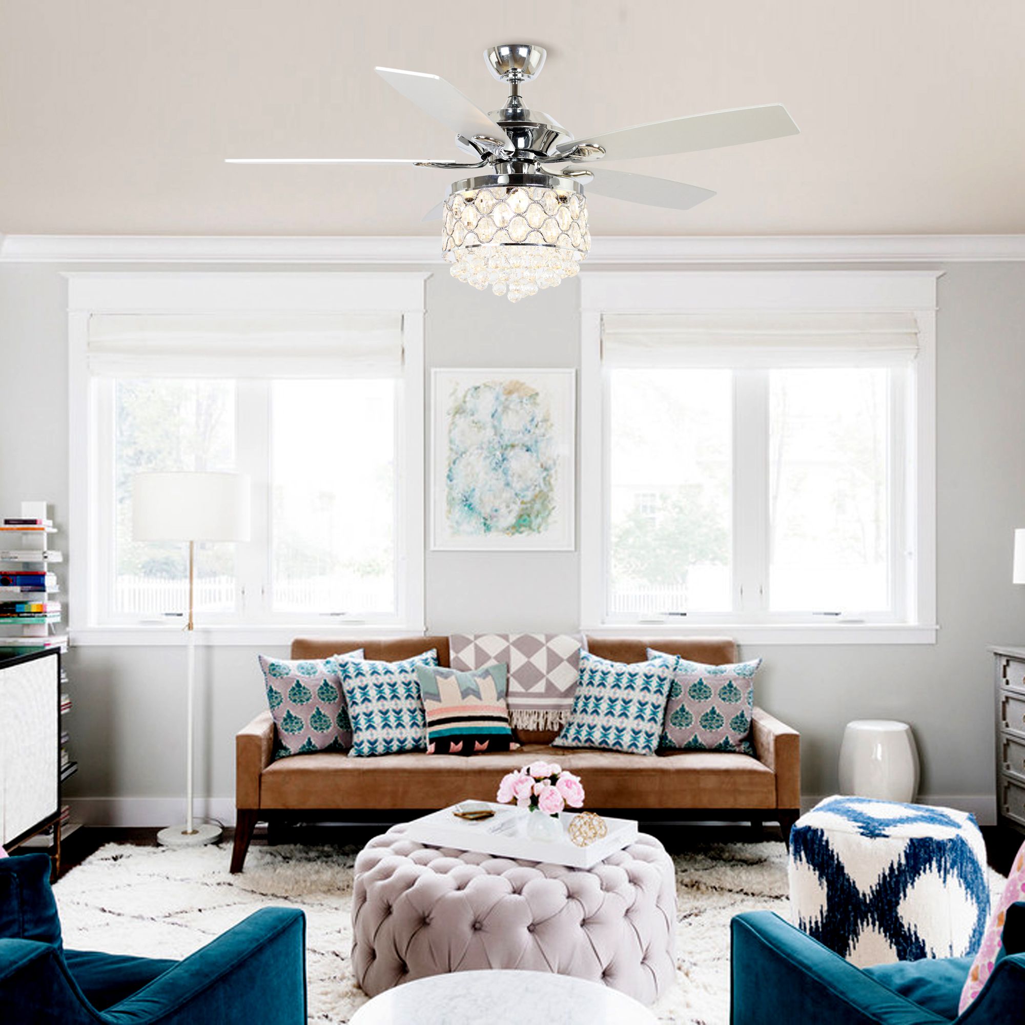 Modern Downrod Mount Chrome Crystal Ceiling Fan Light Kit - Temu