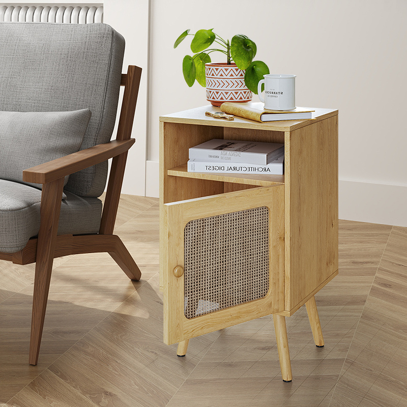 Elegant Bohemian Rattan Nightstand Wooden Bedside Table With Open Shelf ...