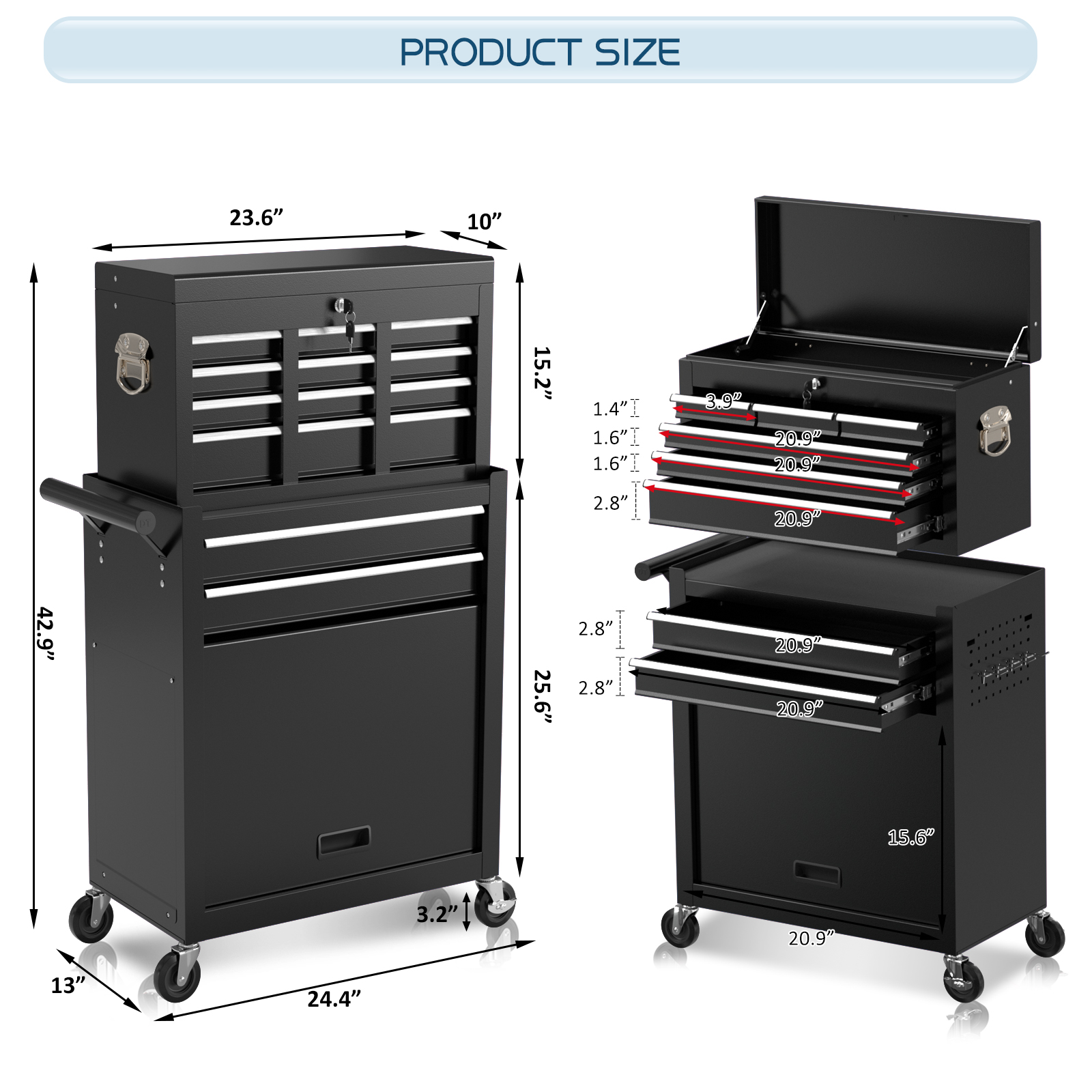 6 Drawer Rolling Tool Chest With Lock Tool Storage Cabinet With Wheels Detachable Top Tool ...