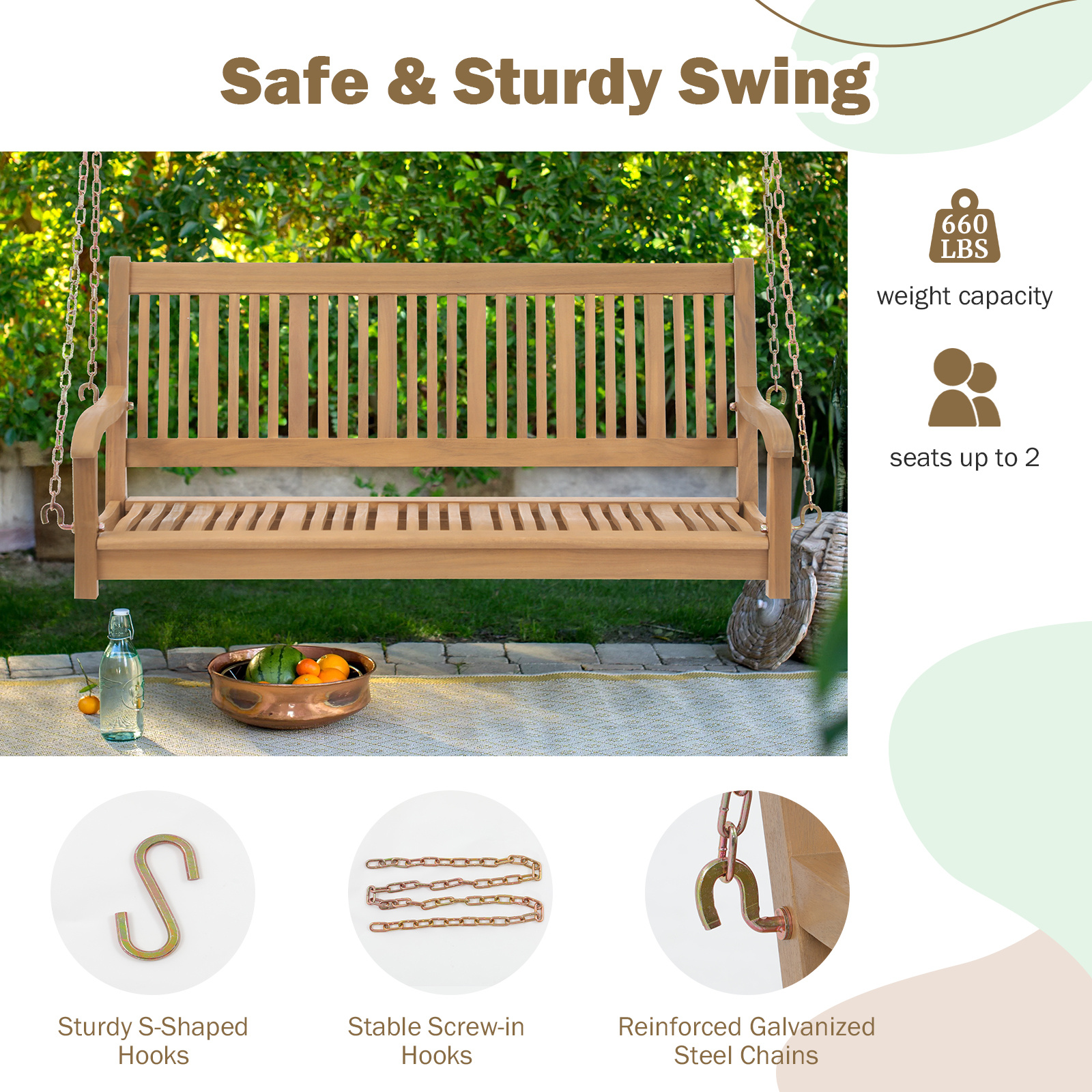 Outdoor Wooden Porch Swing With Adjustable Hanging Chains And High Back ...