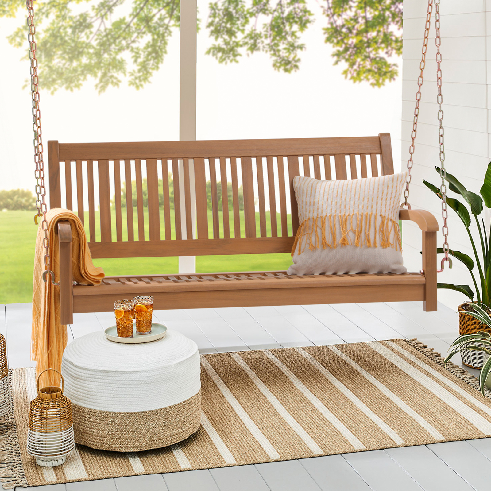 Outdoor Wooden Porch Swing With Adjustable Hanging Chains And High Back ...