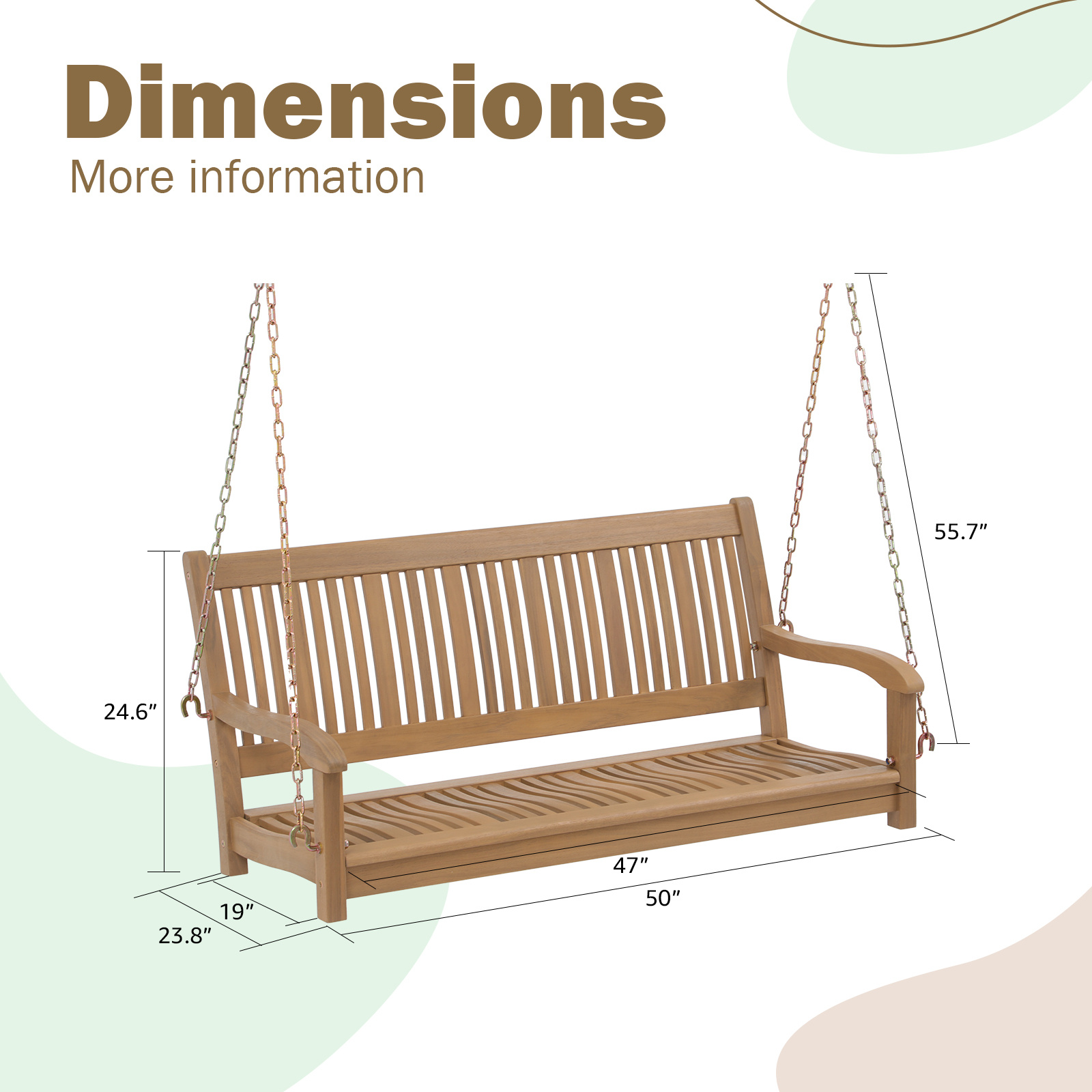 Outdoor Wooden Porch Swing With Adjustable Hanging Chains And High Back ...