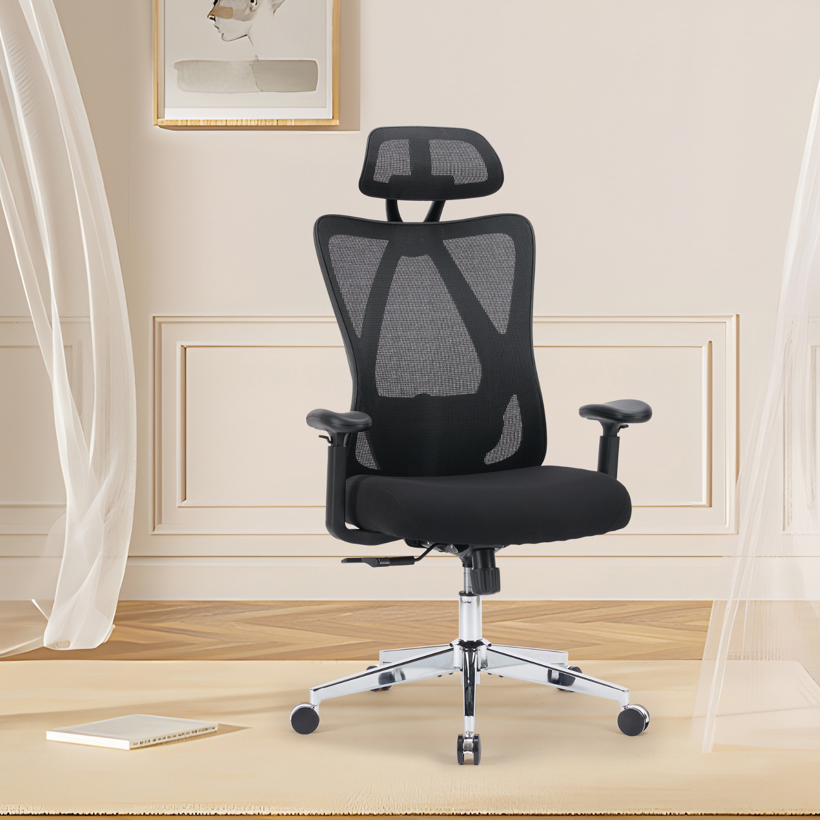 Black Ergonomic Mesh Office Chair Adjustable Headrest 3d - Temu