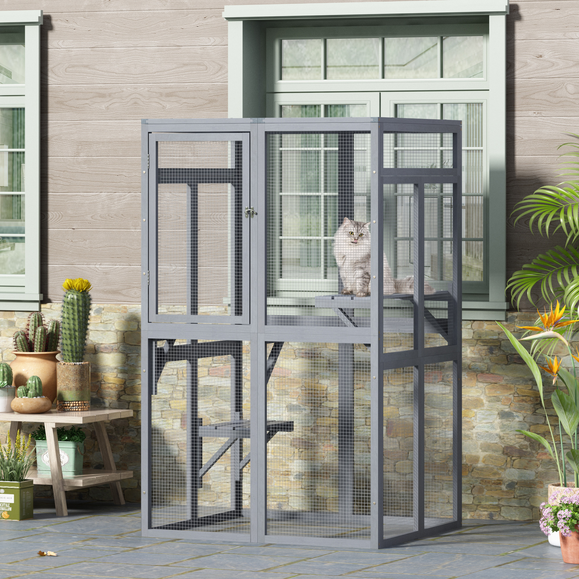 Outdoor Cat Enclosure Window Access Wooden Cat House - Temu