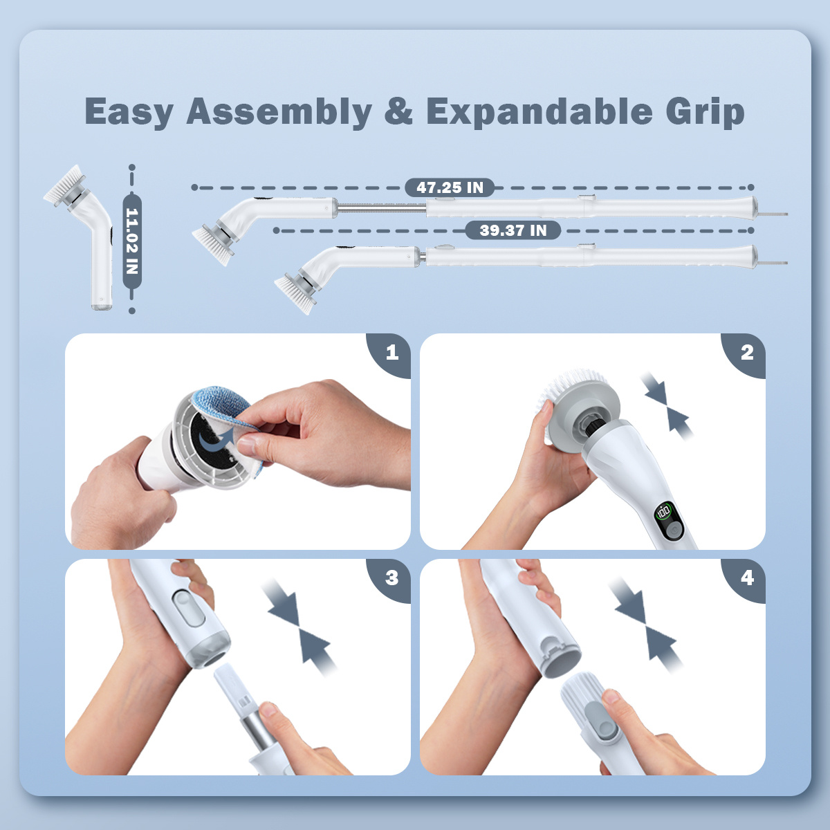 Adjustable & Detachable Electric Spin Scrubber , Bathroom Scrubber With Display & 6 Replacement ...